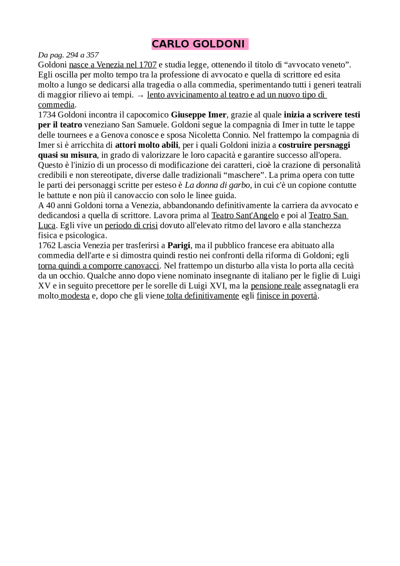 Carlo Goldoni Vita E Riforme Docsity