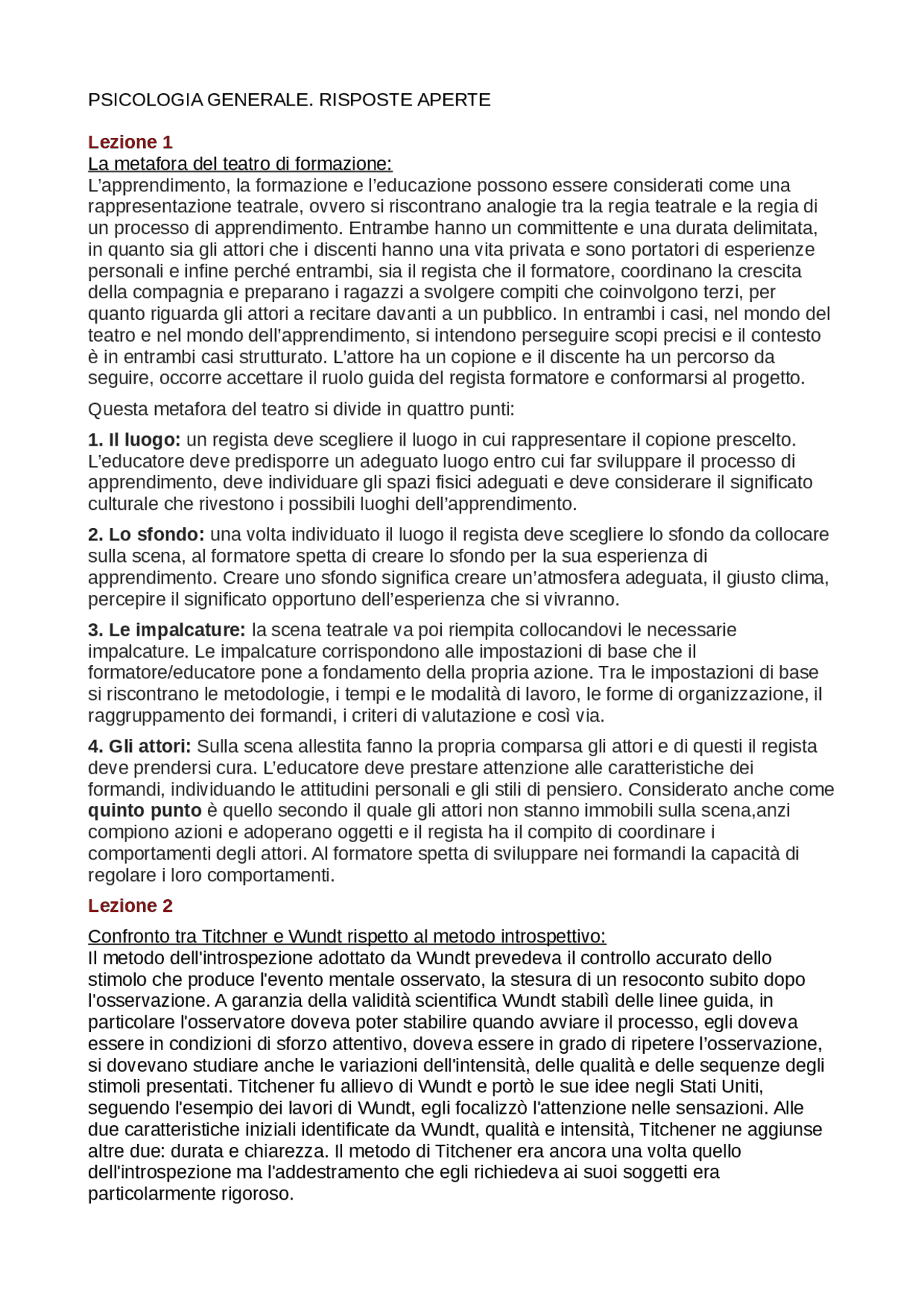Paniere Domande Aperte Psicologia Generale Prof Cantoia Docsity
