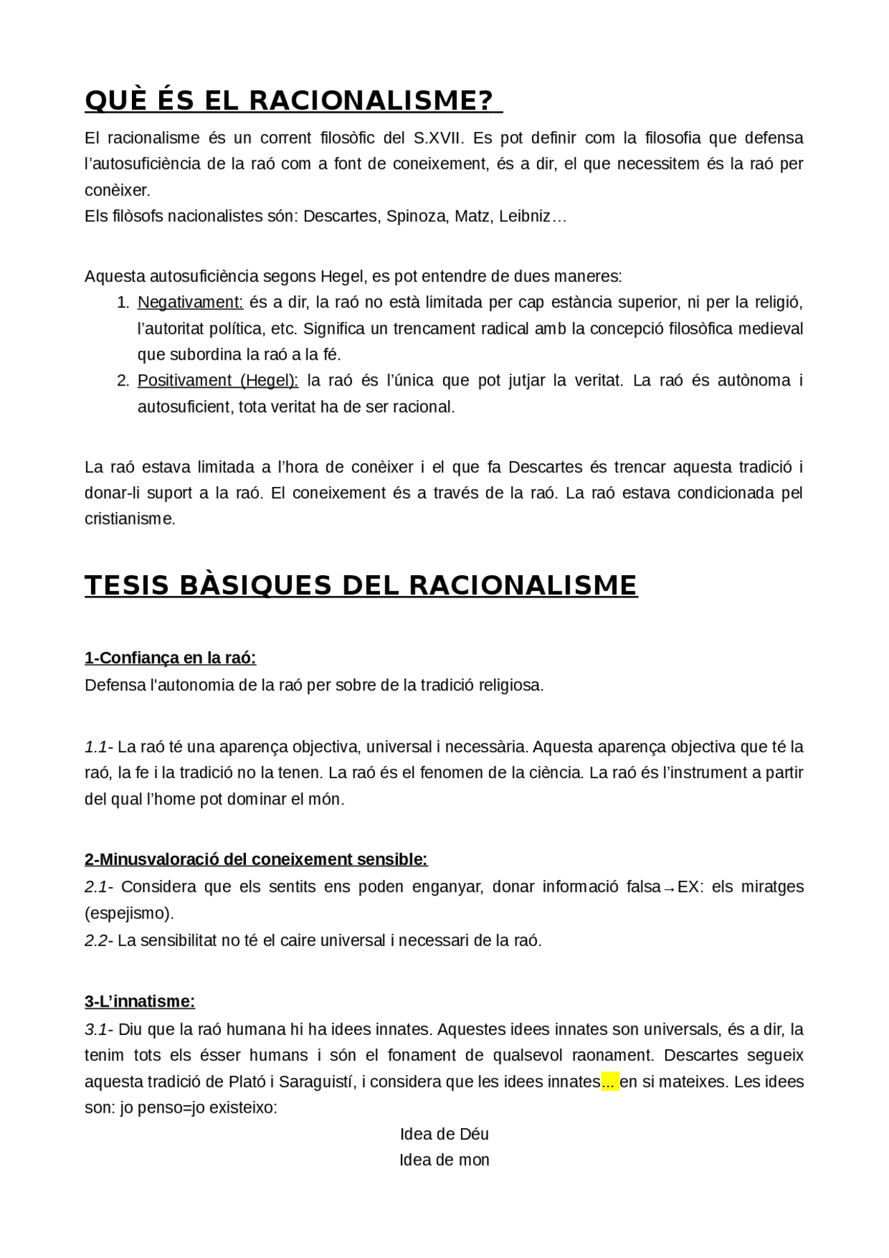 RACIONALISME FILOSOFIA | Apuntes de Filosofía | Docsity