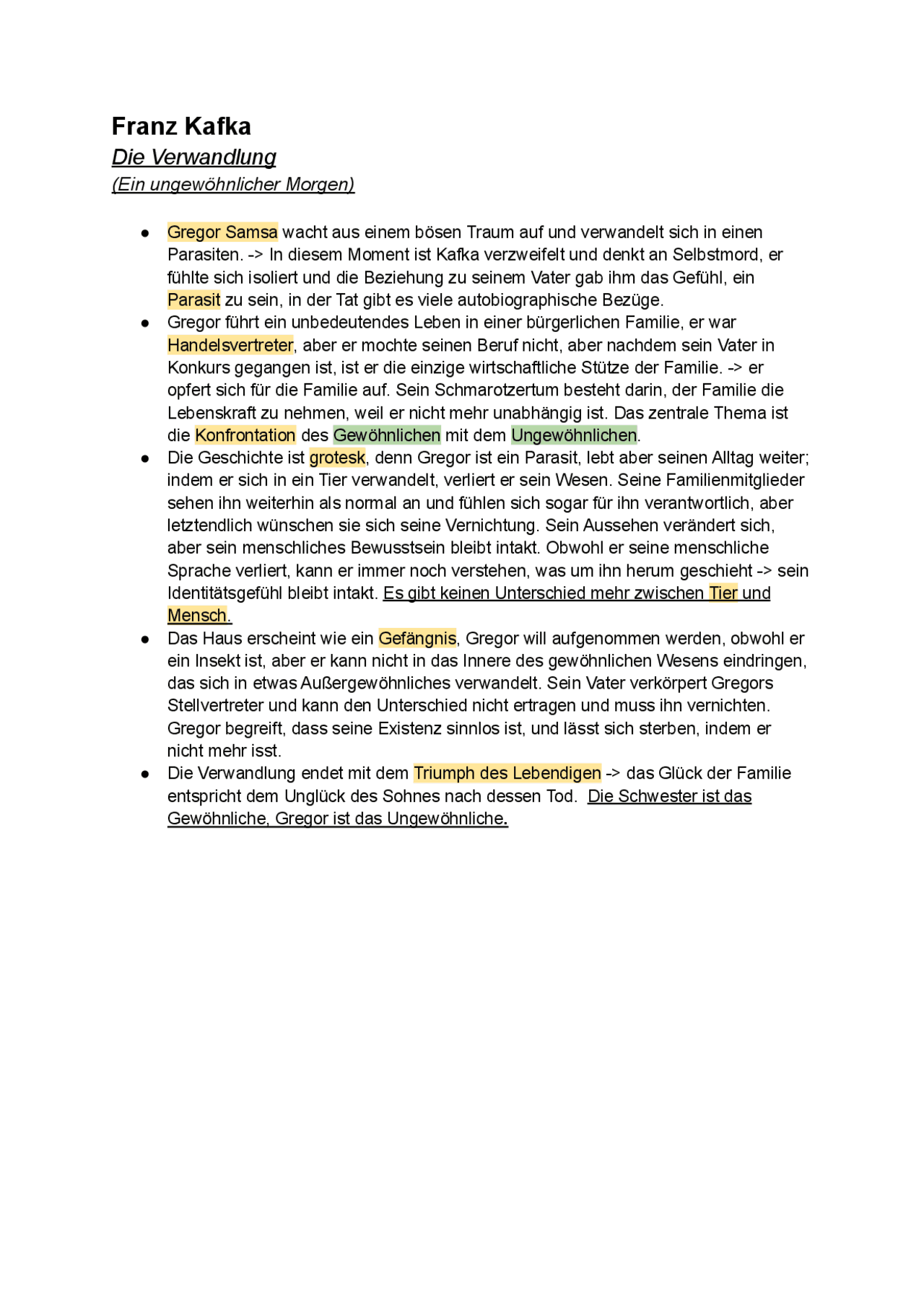 Die Verwandlung Franz Kafka Docsity