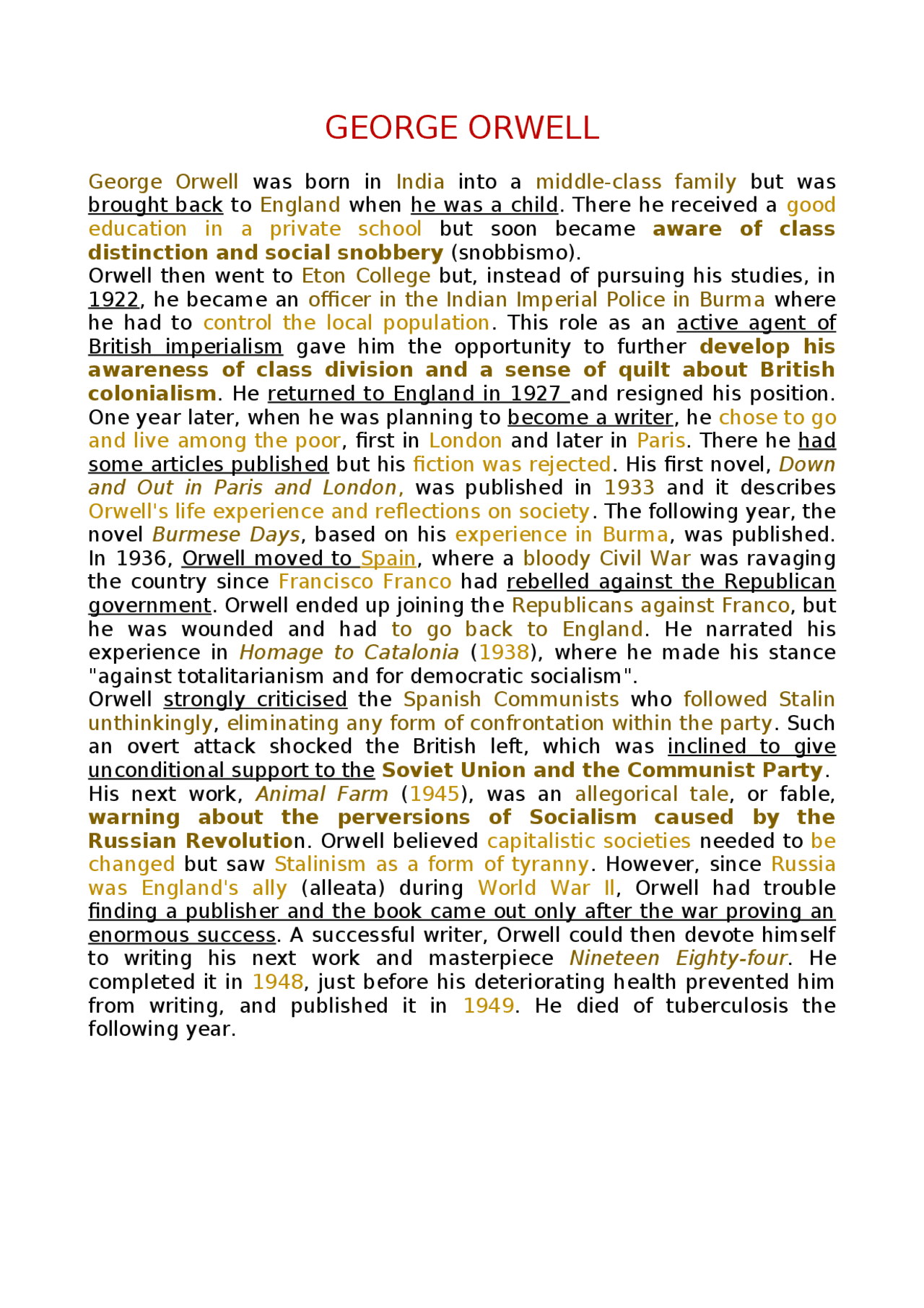 George Orwell and his works - Docsity