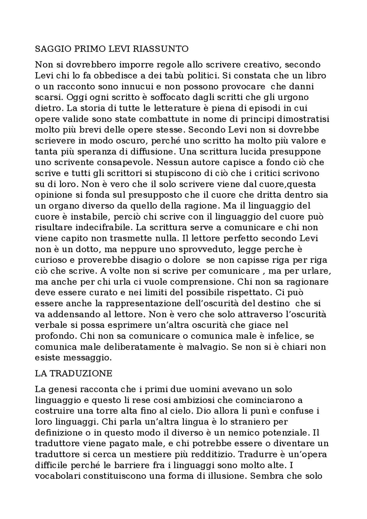 Saggio Di Primo Levi Riassunto Docsity