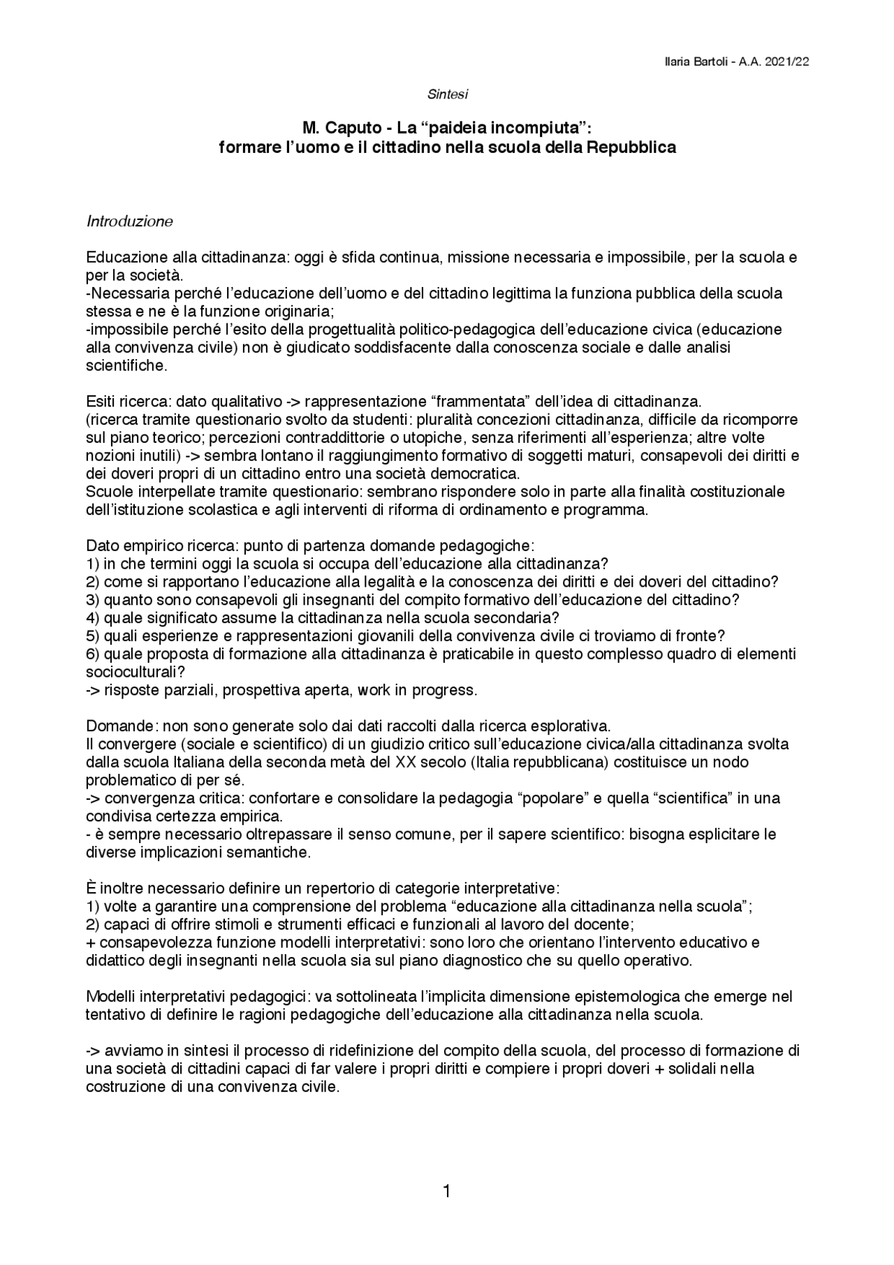 Michele Caputo La Paideia Incompiuta Sintesi Docsity