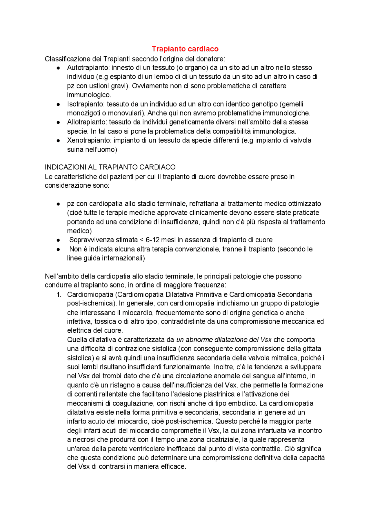 TRAPIANTO CARDIACO, CONTROINDICAZIONI, INDICAZIONI E RISCHI - Docsity