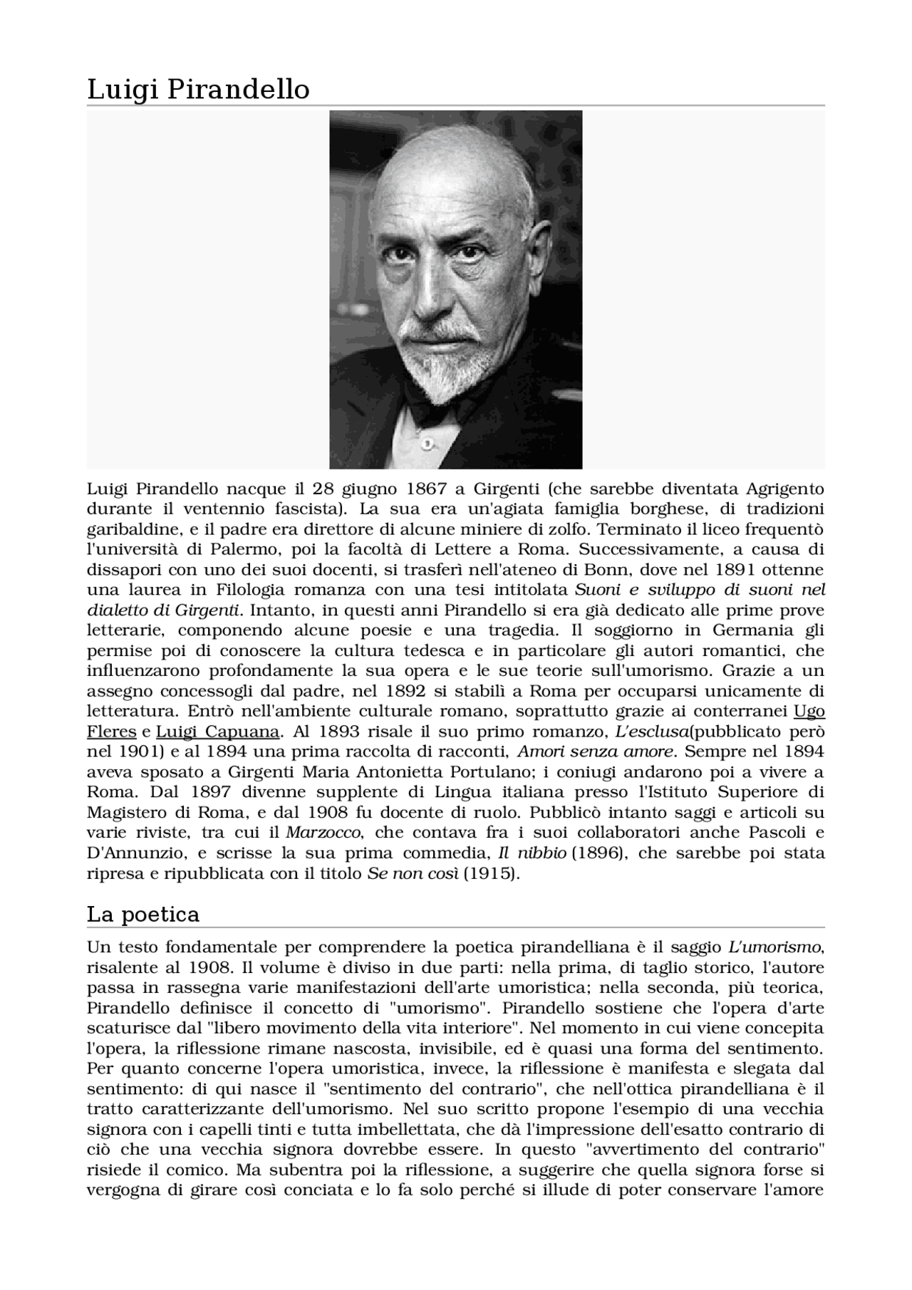La vita e l'opera di Luigi Pirandello | Dispense di Lingue e letterature classiche | Docsity
