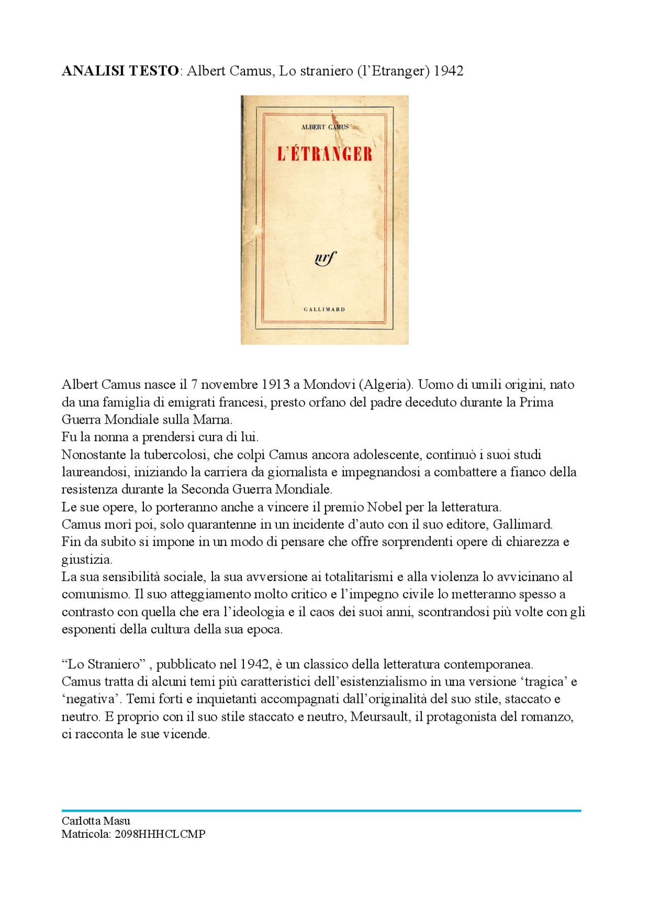 Analisi Del Testo Lo Straniero Albert Camus Docsity