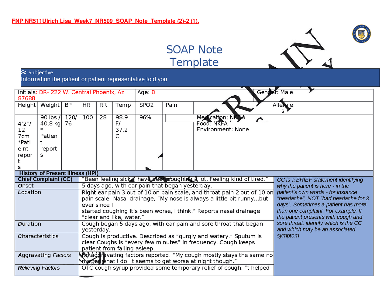 SOAP Note for Pediatric Patient with Cough and Ear Pain | Exams Nursing ...