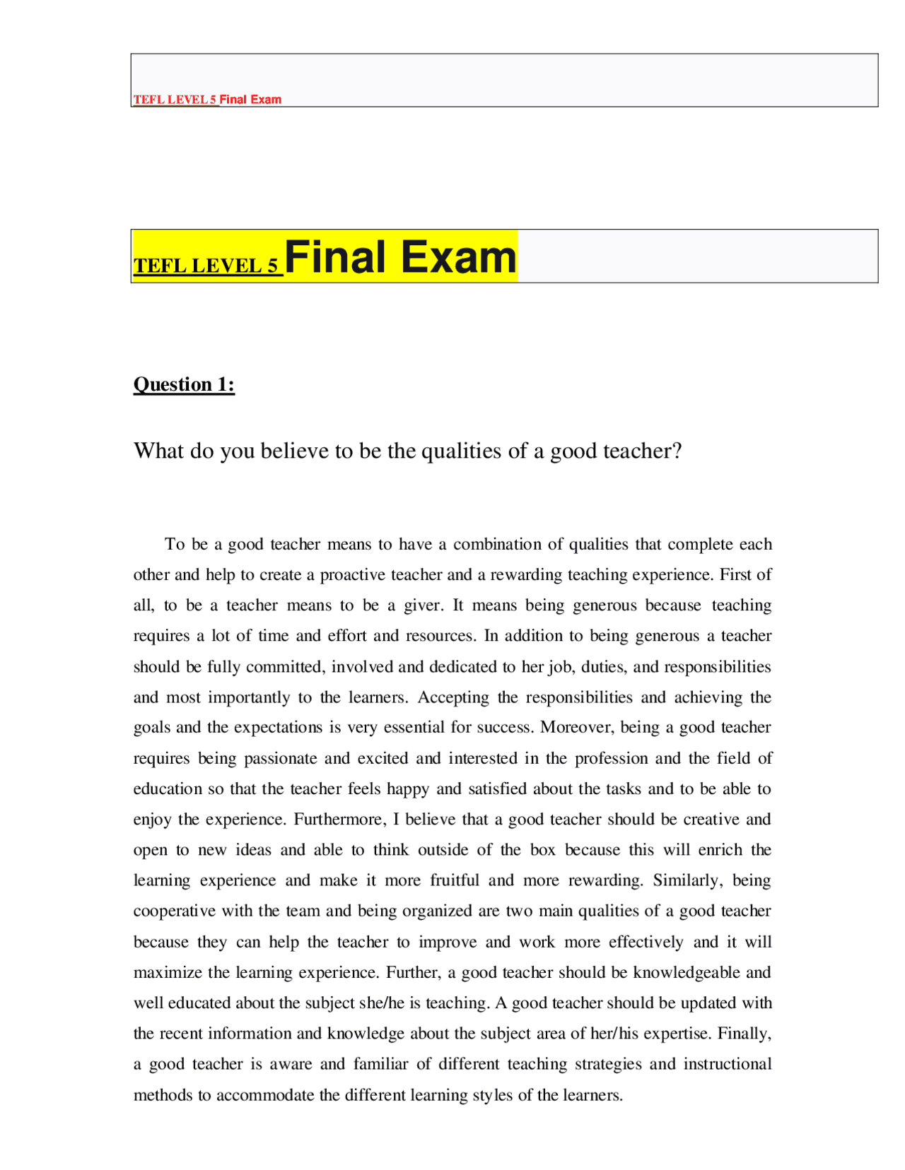 TEFL LEVEL 5 Final Exam graded A | Exams English Language | Docsity