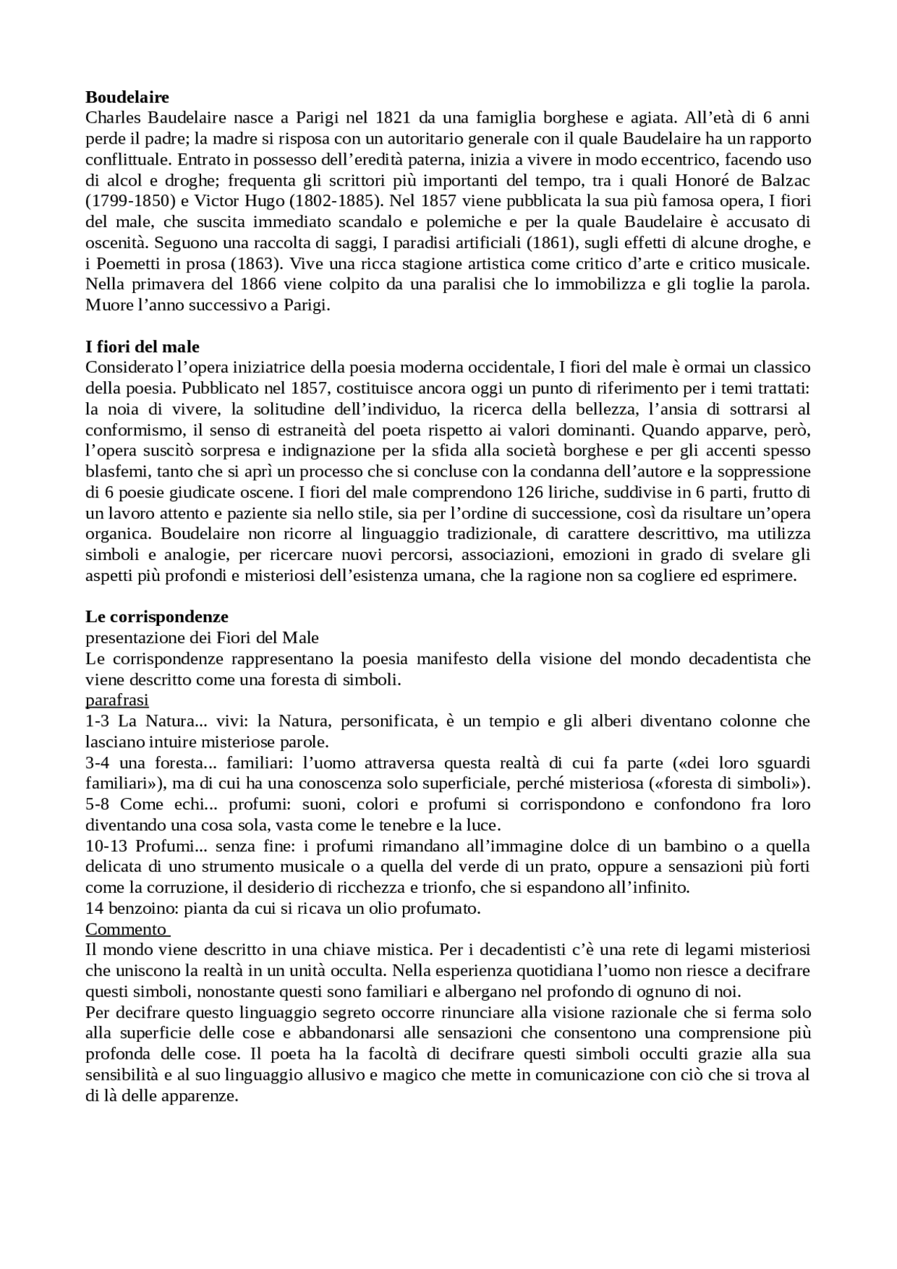 Approfondimento Charles Baudelaire Docsity