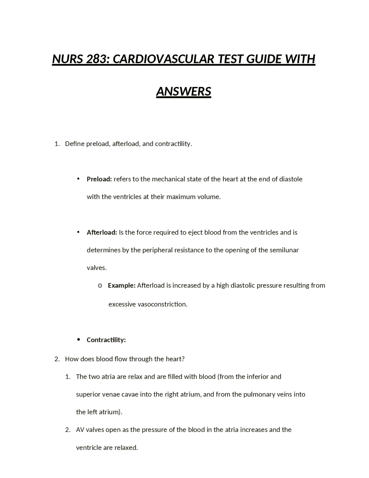 NURS 283: CARDIOVASCULAR TEST GUIDE WITH ANSWERS | Exams Nursing | Docsity