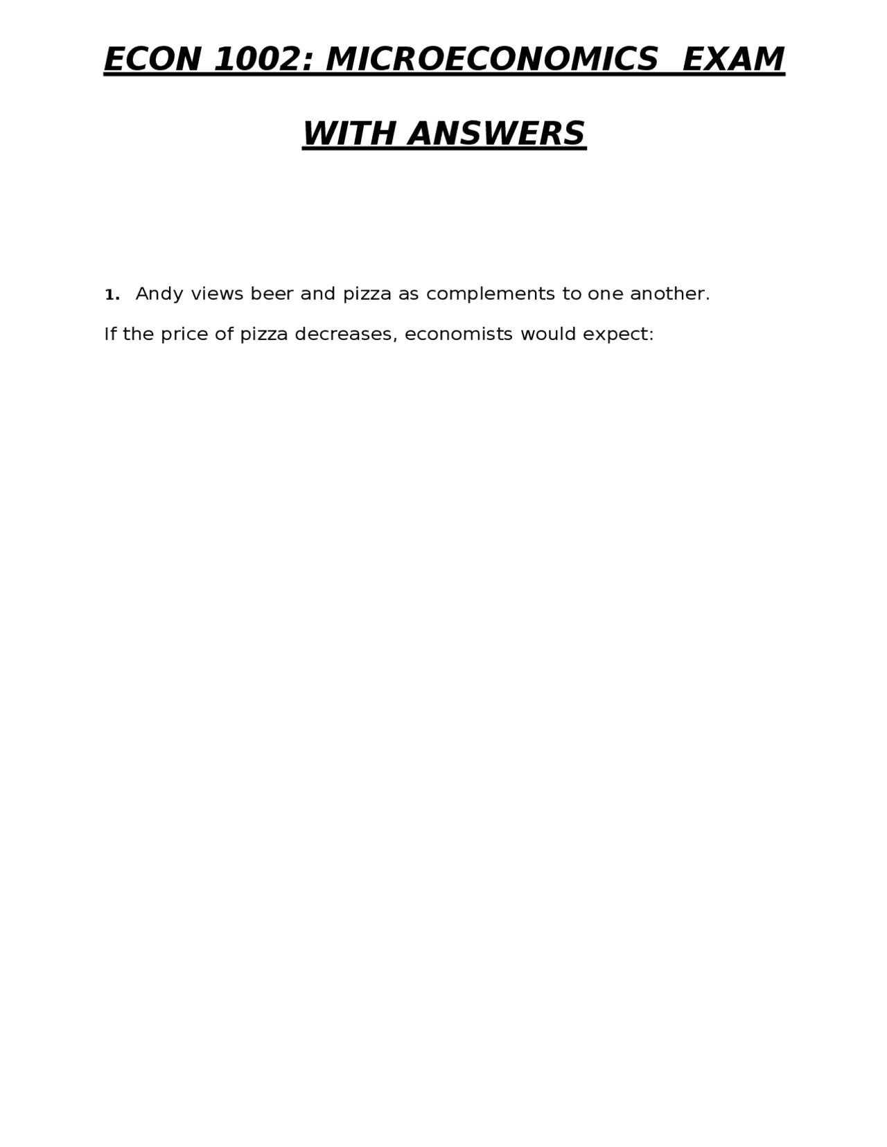 Econ 1002 Microeconomics Exam With Answers Exams Nursing Docsity