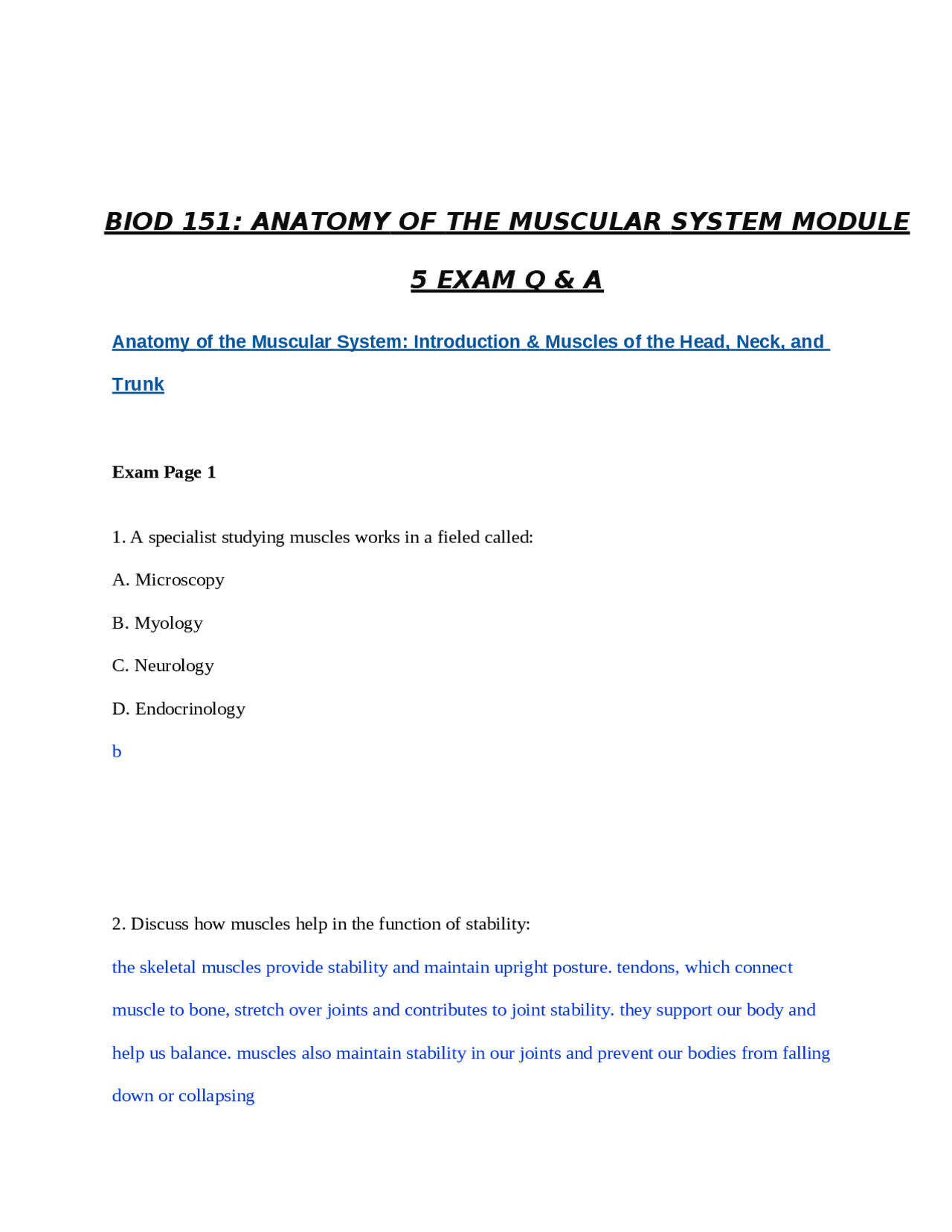 BIOD 151: ANATOMY OF THE MUSCULAR SYSTEM MODULE 5 EXAM Q & A Anatomy of ...