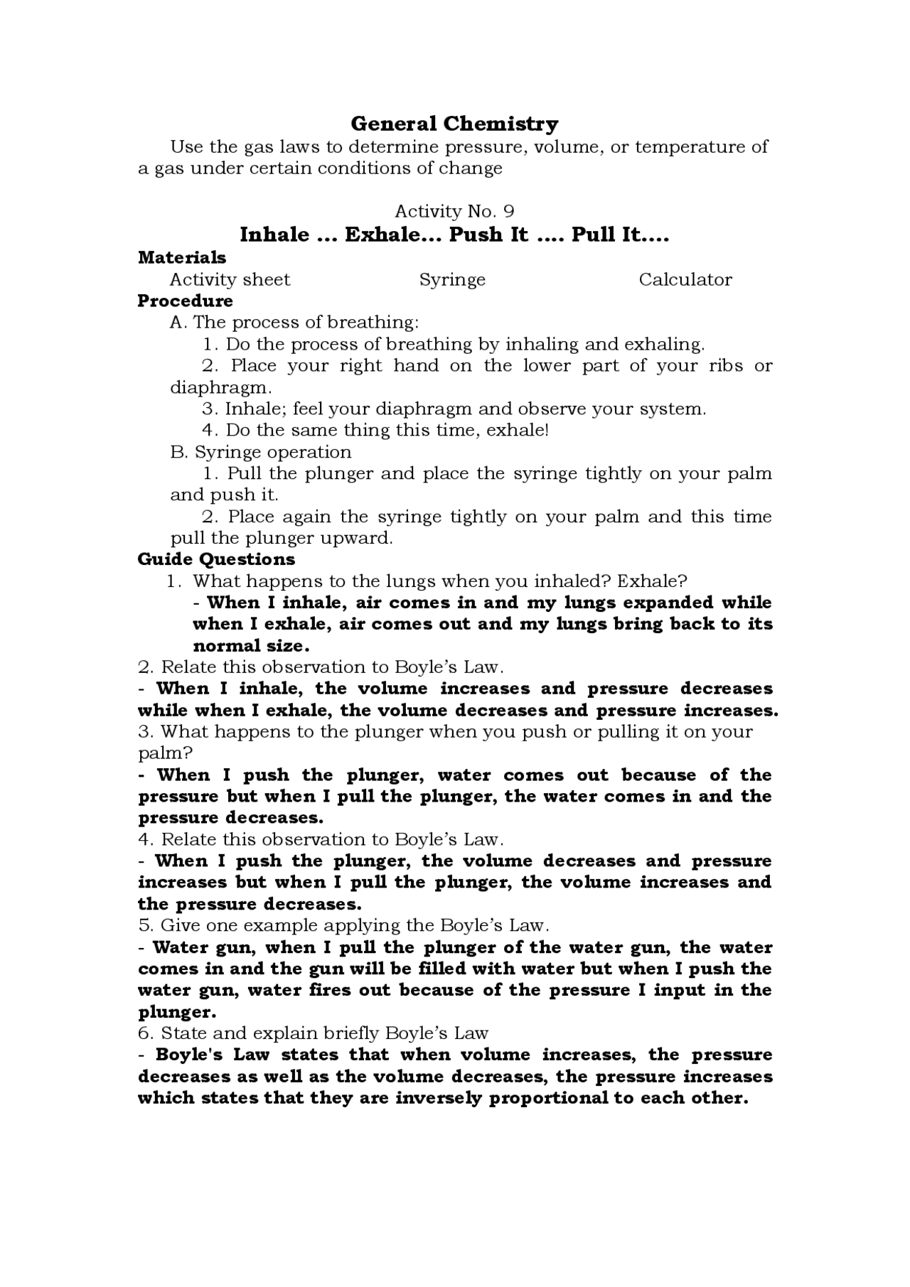 Gas Laws in Determining Pressure, Volume, and Temperature of a Gas in ...