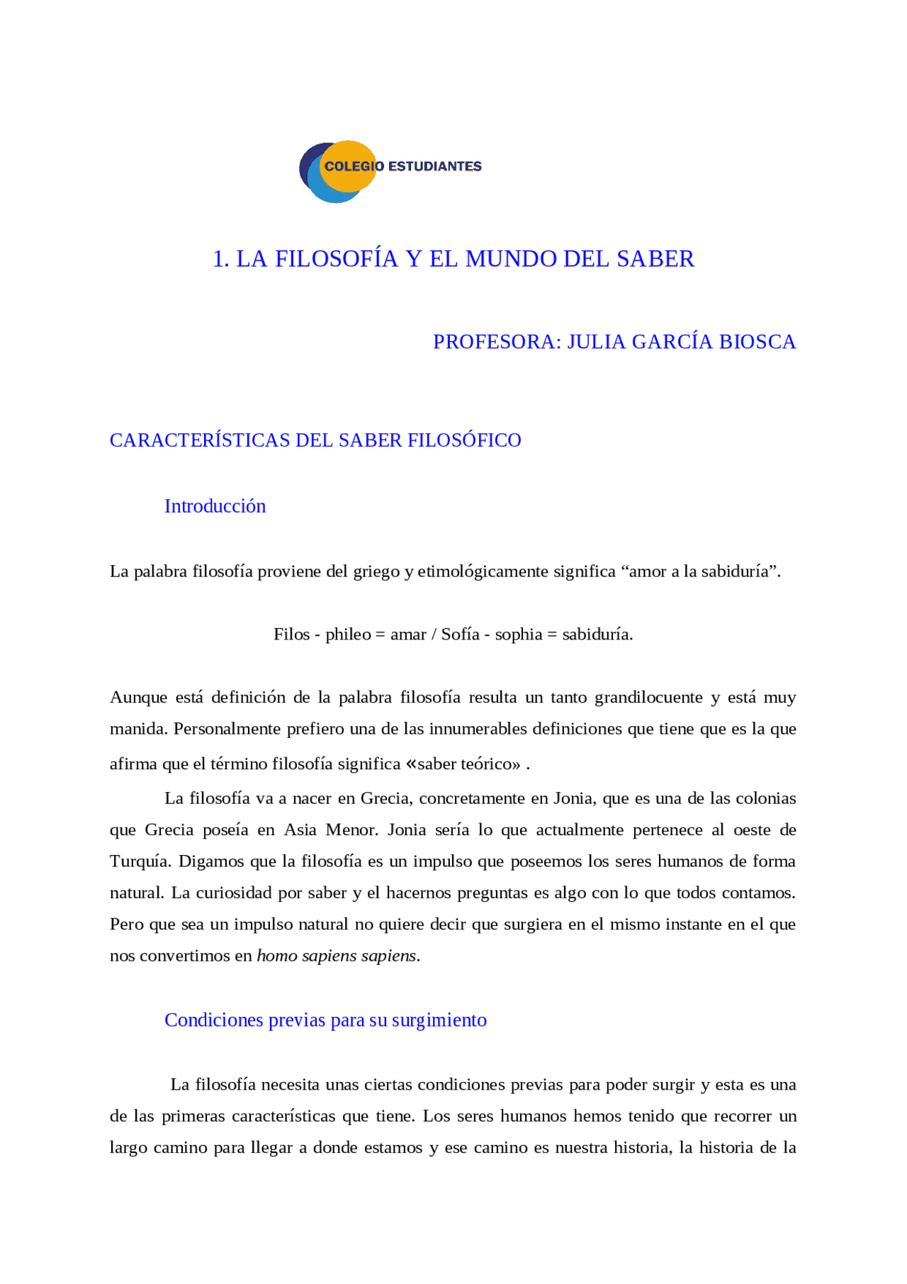 LA FILOSOFÍA Y EL MUNDO DEL SABER - Docsity