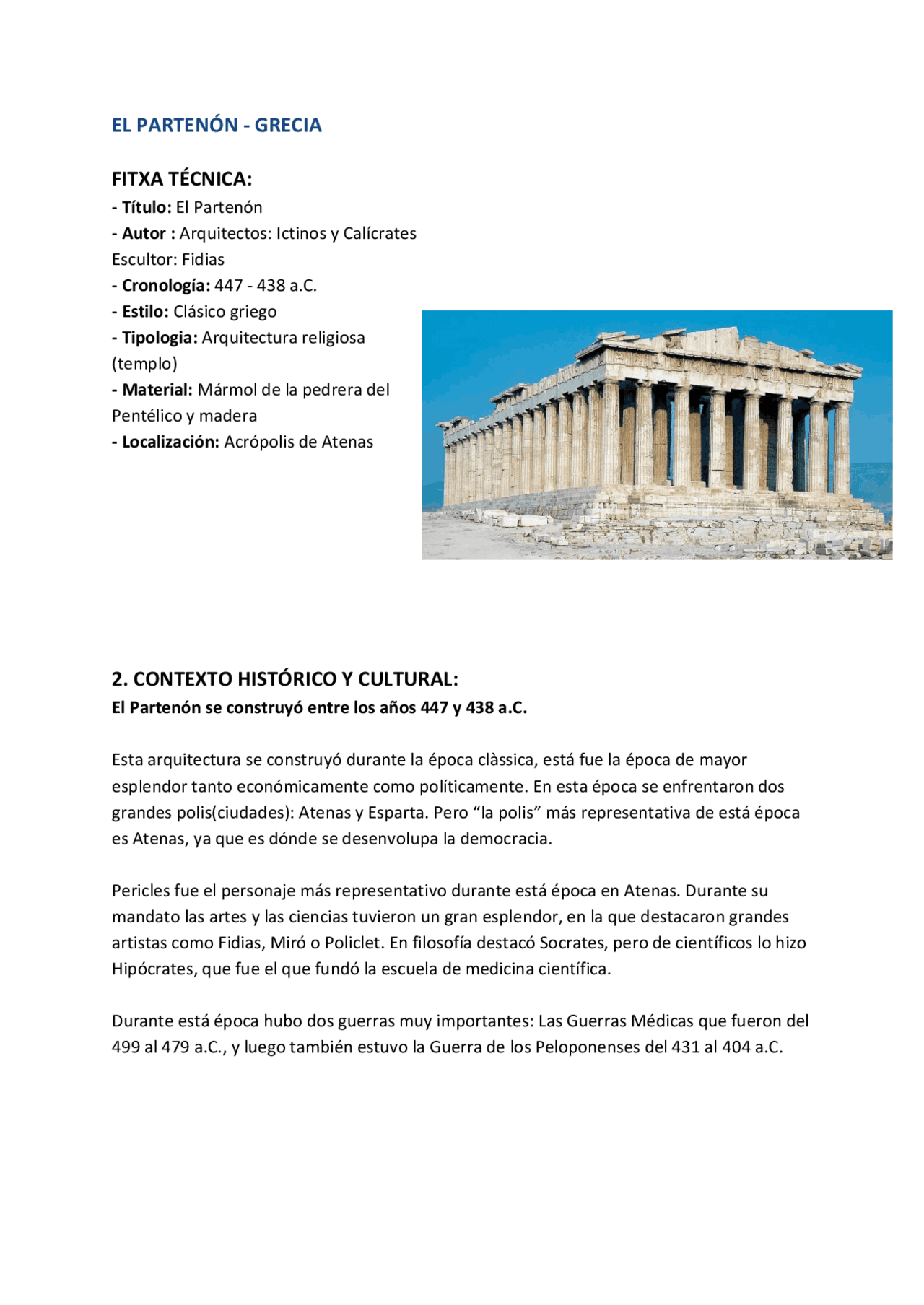 Ficha Técnica del "El Partenon" | Ejercicios de Historia del Arte | Docsity