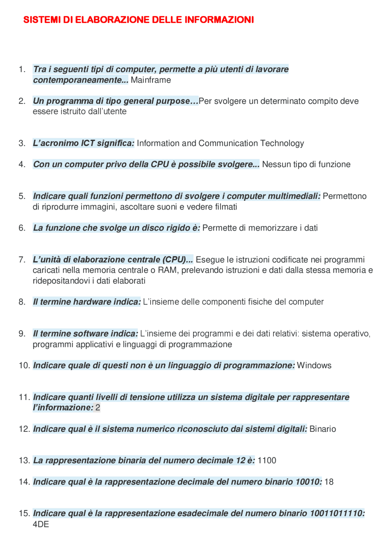 Test Svolti Sistemi Di Elaborazione Delle Informazioni Docsity