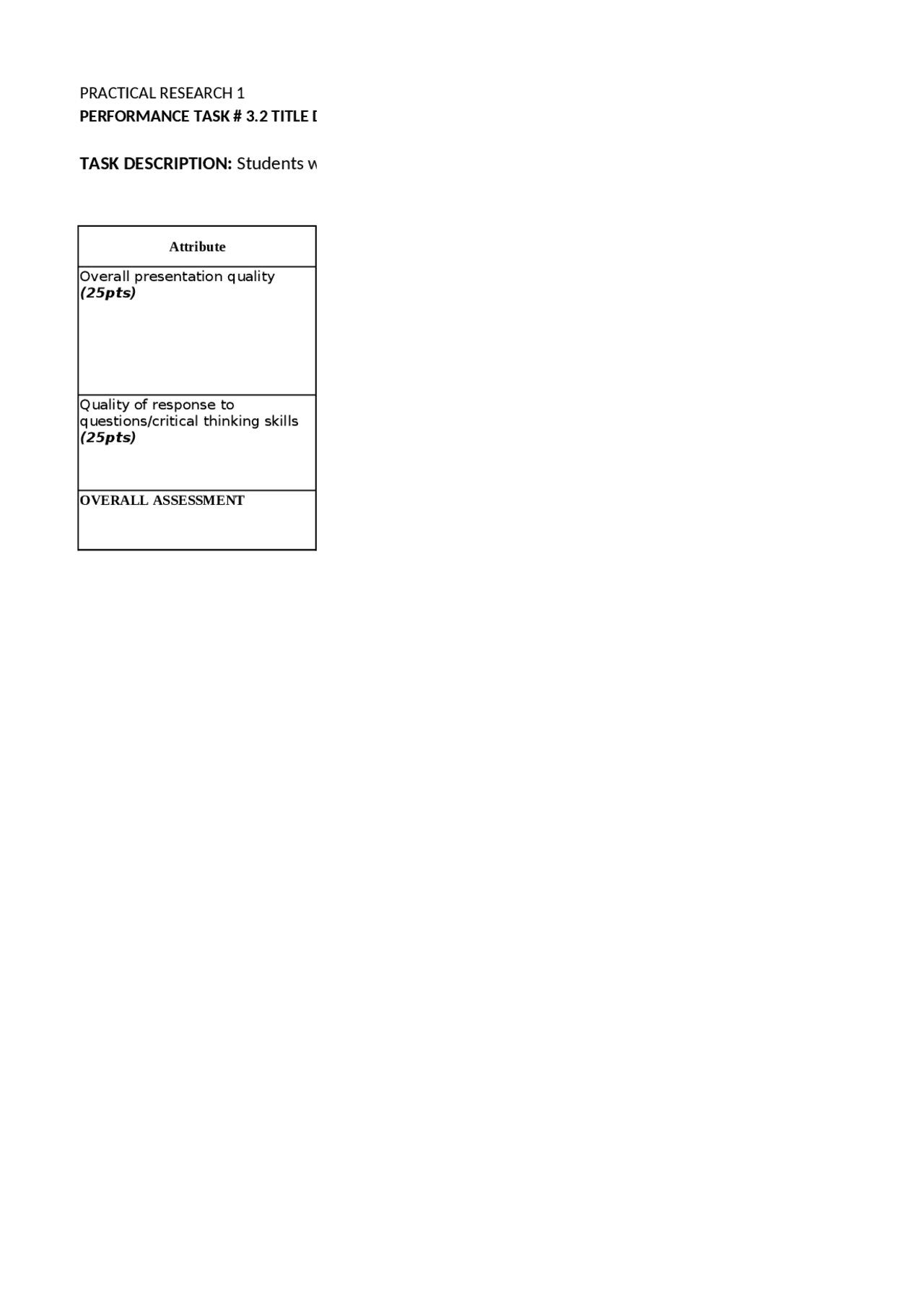 Rubrics Of Our Performance Task Docsity