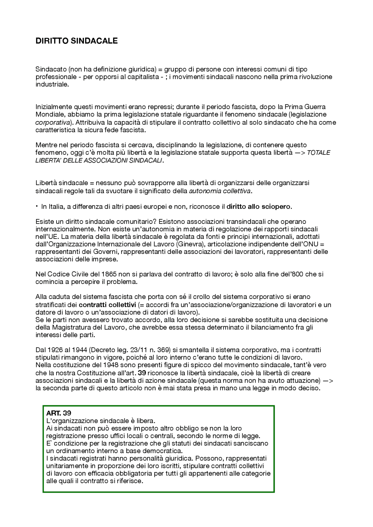 Appunti Diritto Sindacale Docsity