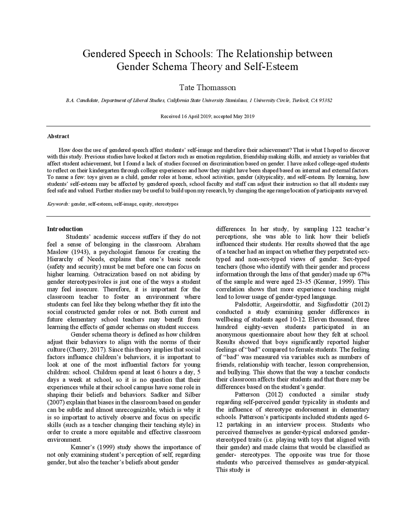 The Relationship between Gender Schema Theory and Self-Esteem - Docsity