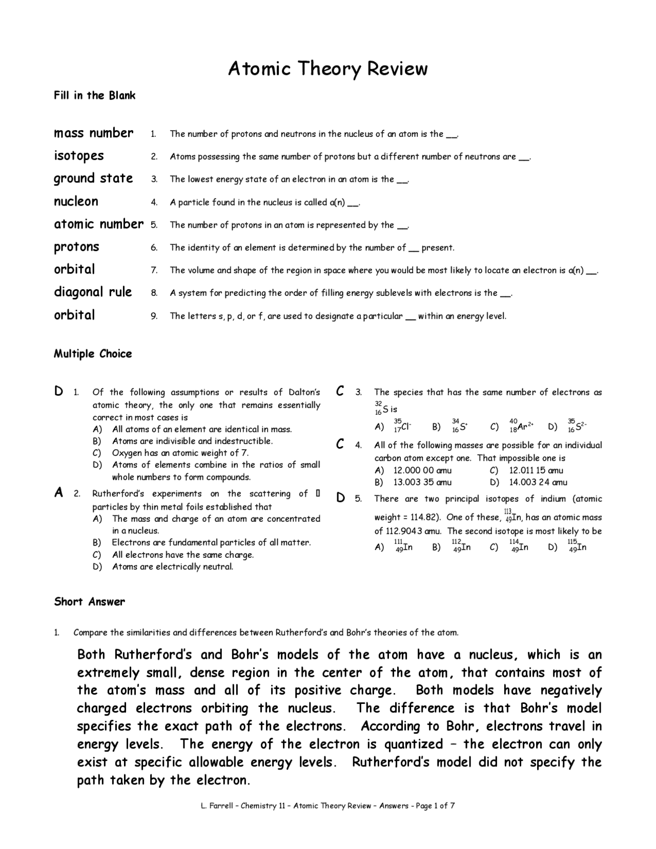 Atomic Theory Review Docsity
