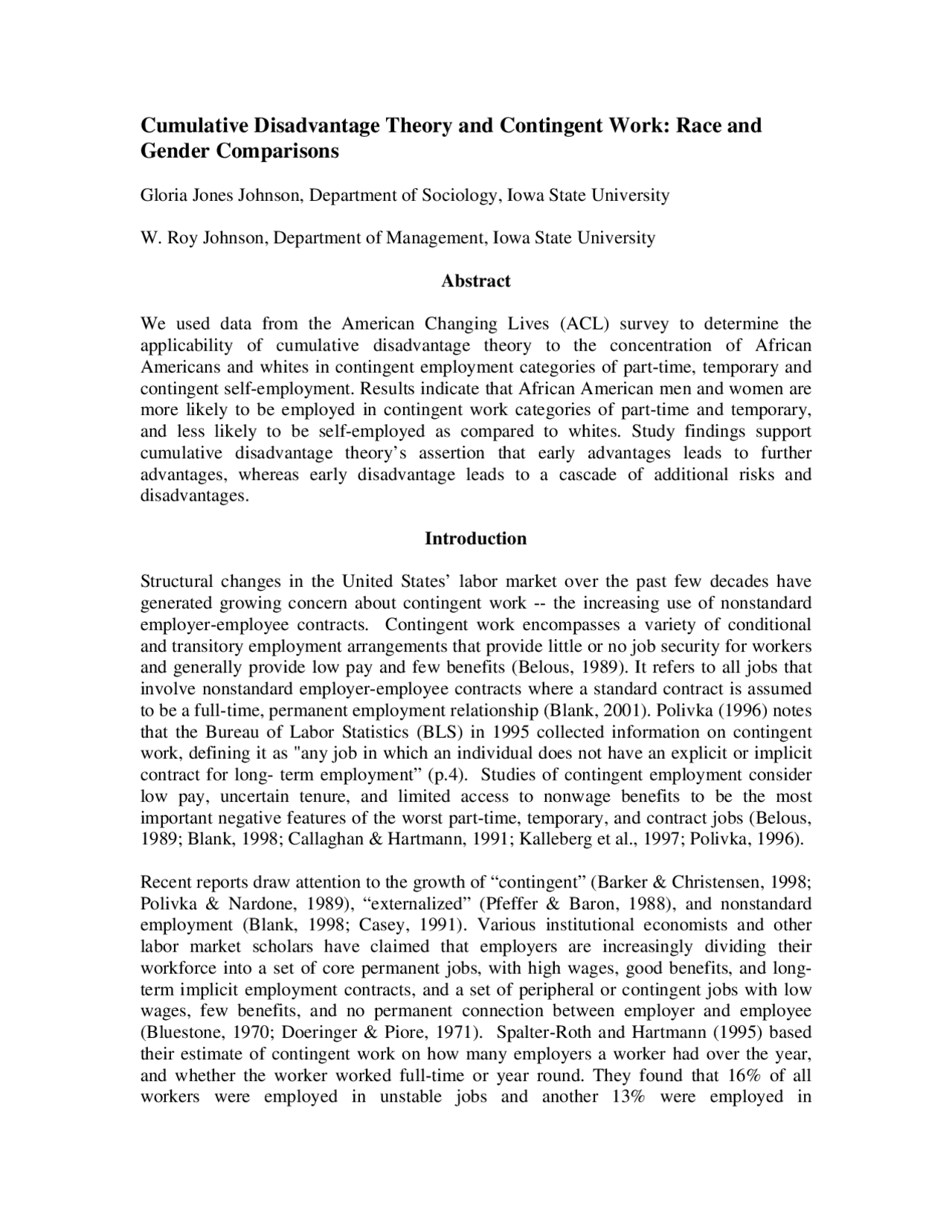 Cumulative Disadvantages Theory and Contengents Work - Docsity