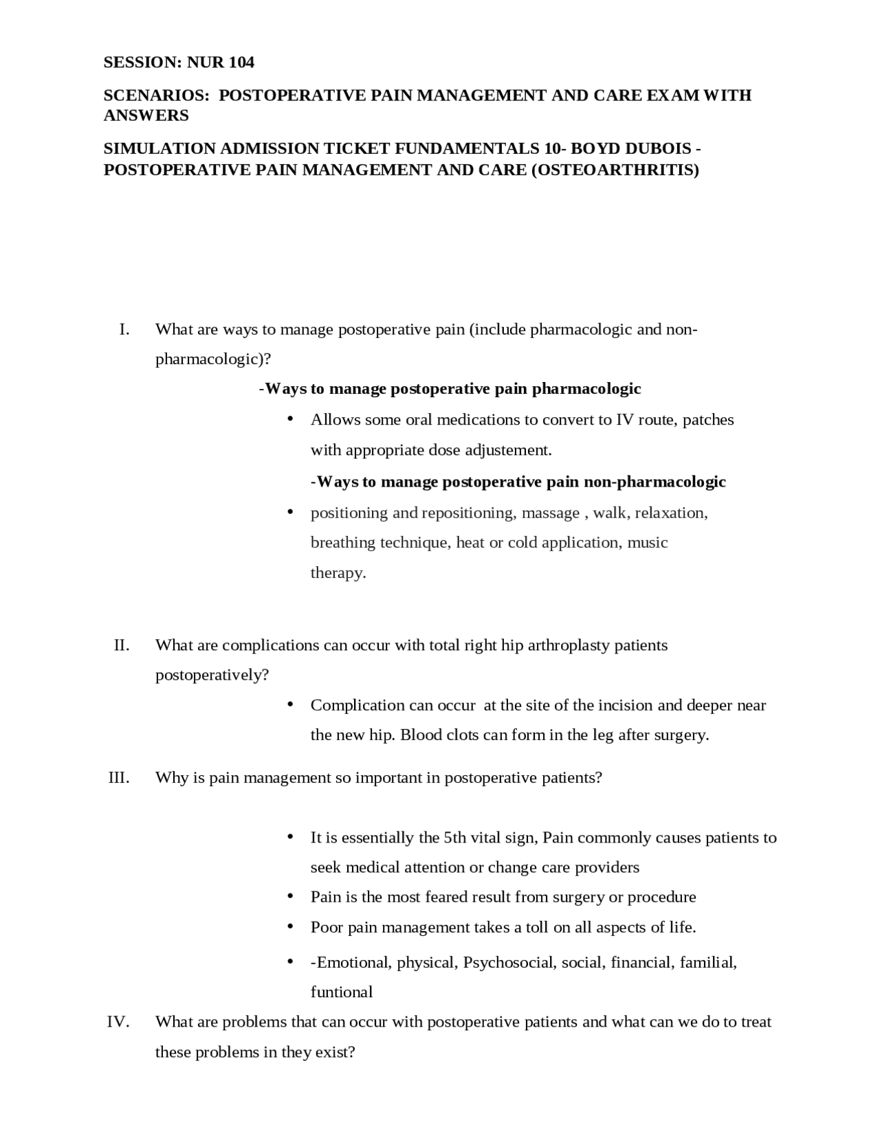 SESSION: NUR 104 SCENARIOS: POSTOPERATIVE PAIN MANAGEMENT AND CARE EXAM ...