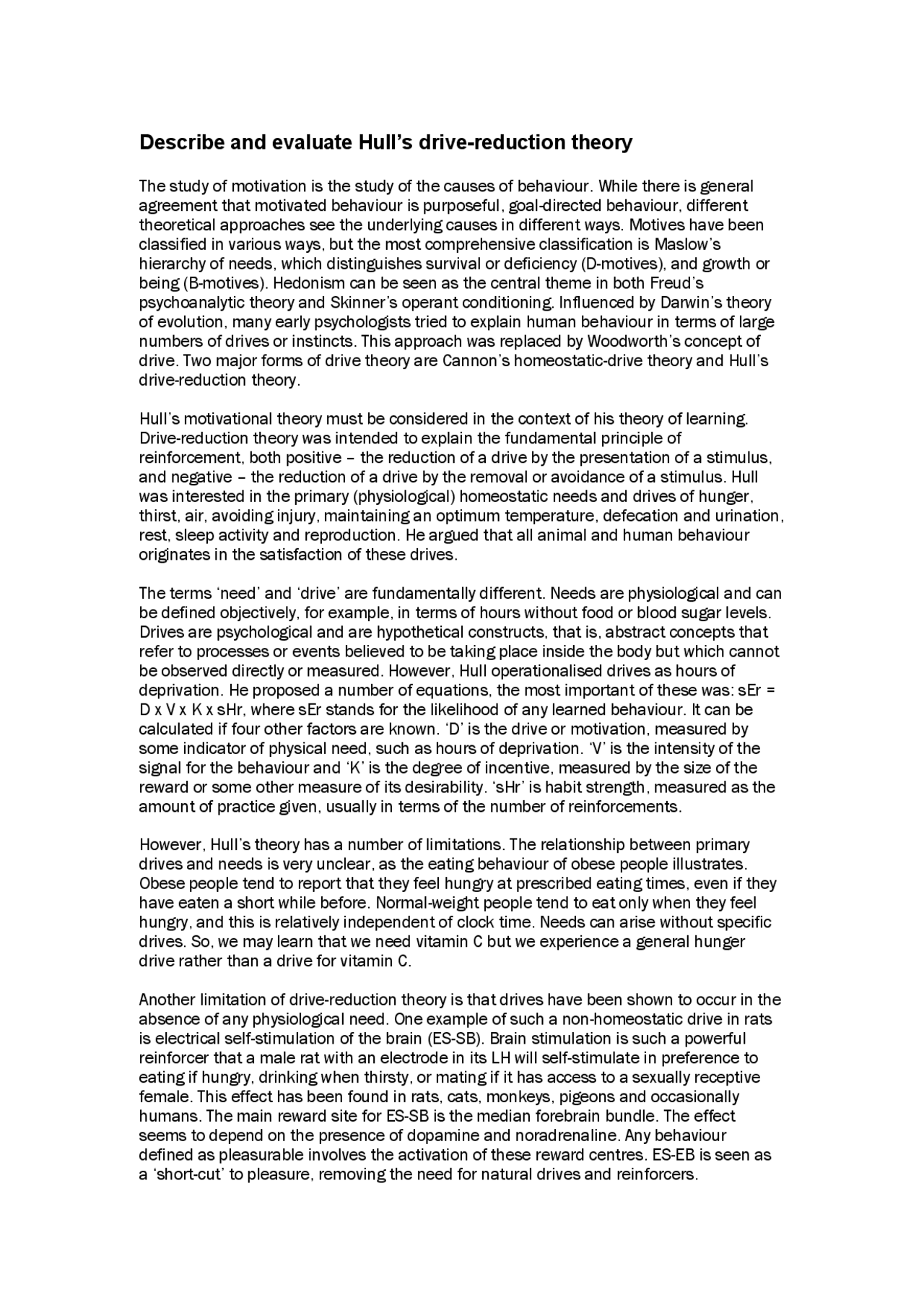Describe and evaluate Hull’s drive-reduction theory | Study notes ...