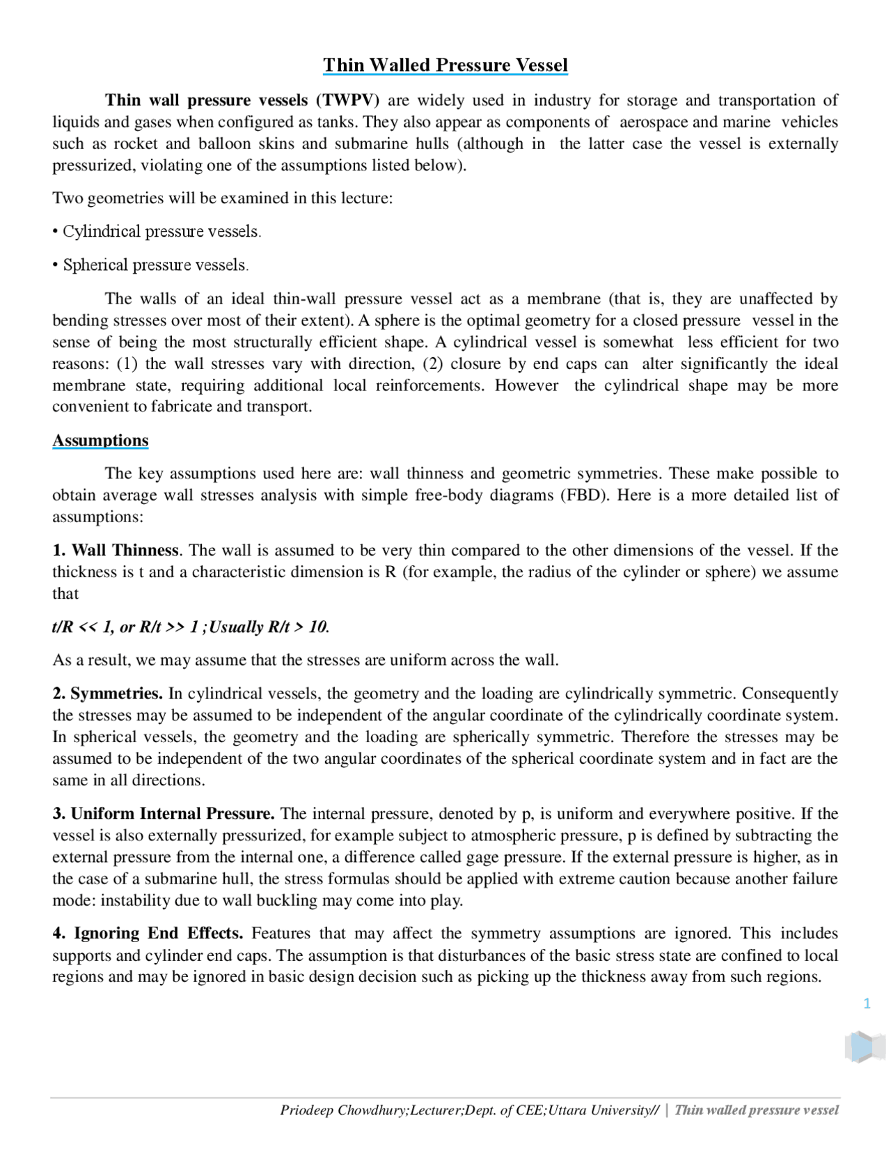 Thin Walled Pressure Vessel Theory Skripte Ingegneria Meccanica Docsity