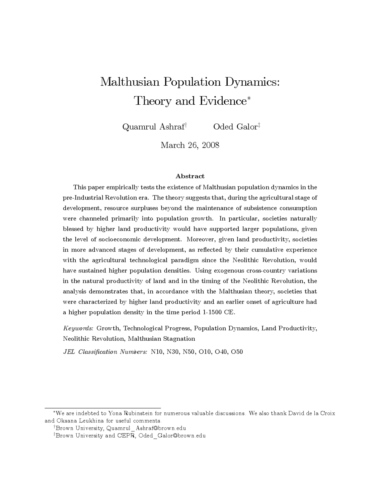 Mathusian population dynamics theory and evidence - Docsity