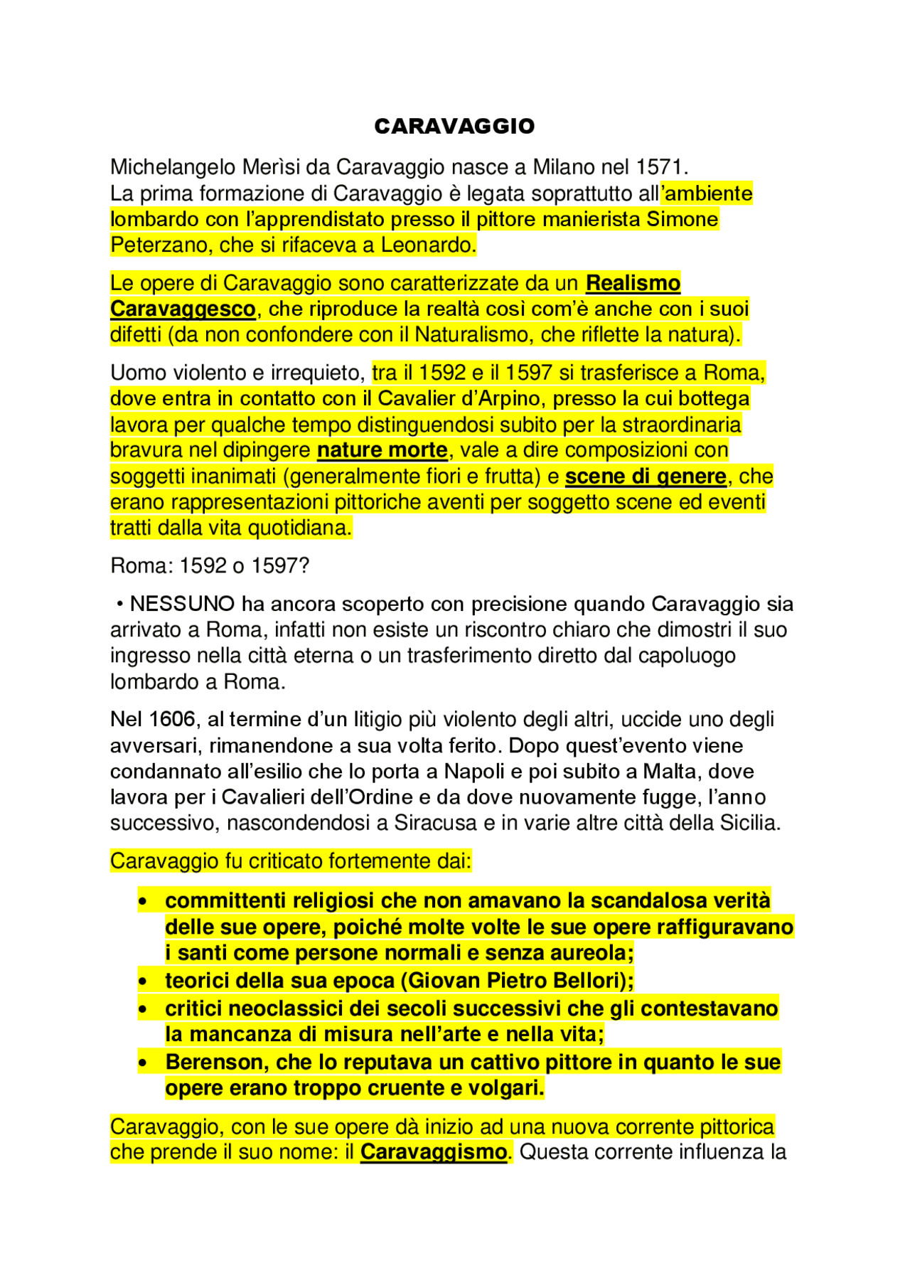 Da caravaggio al neoclassicismo - Docsity