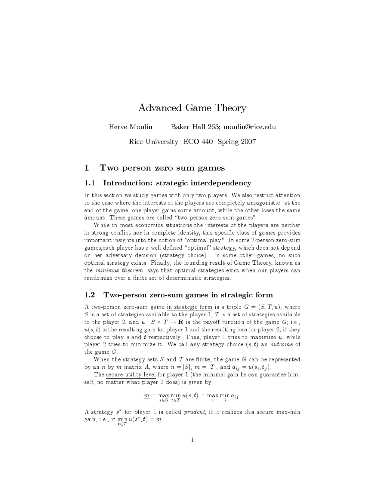 Advanced Game Theory Docsity