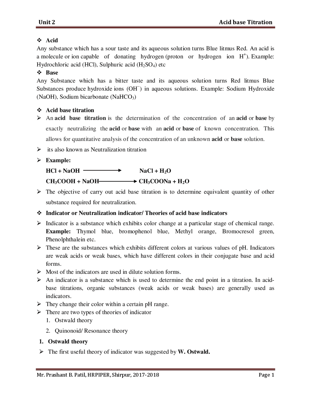 Acid - Base Titration - Docsity