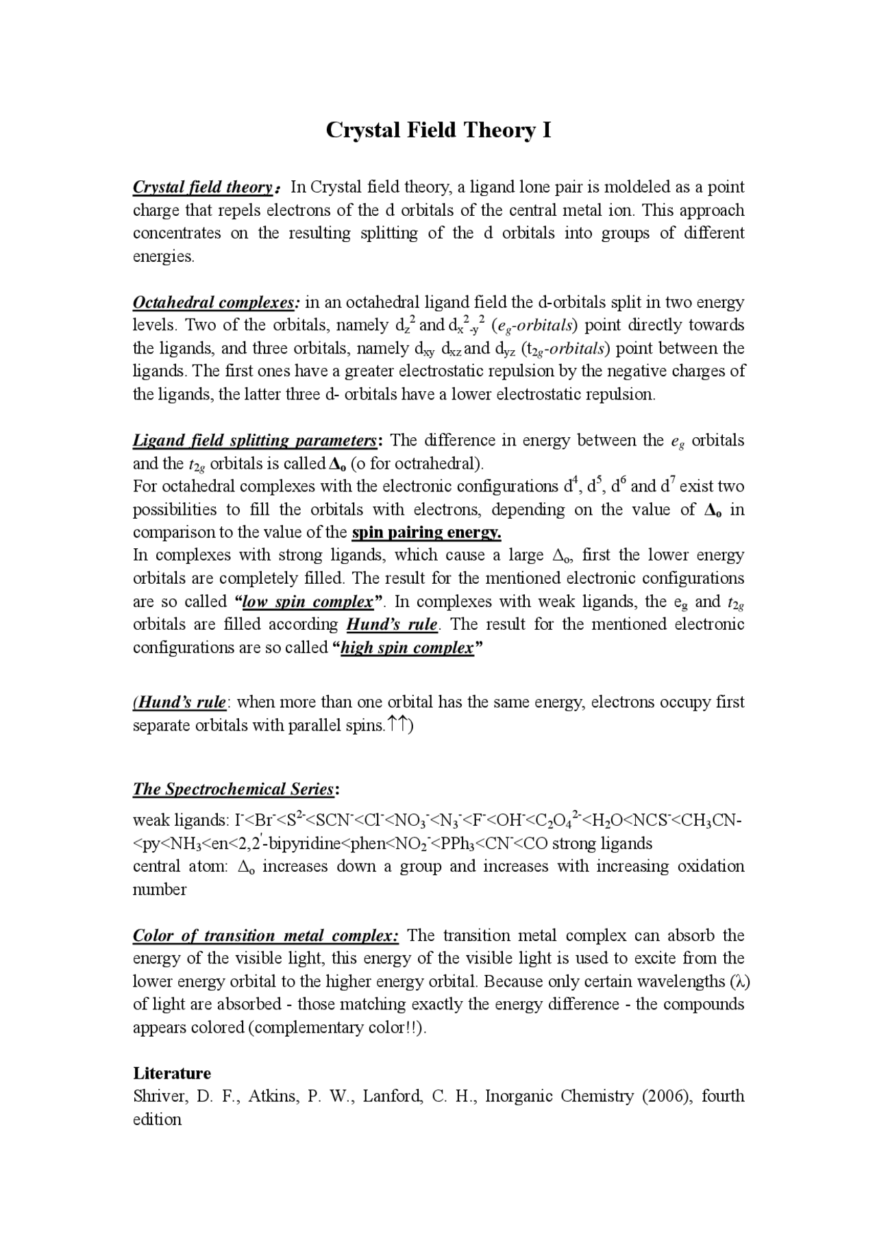 Crystal Field Theory in Octahedral Complexes | Summaries Chemistry ...