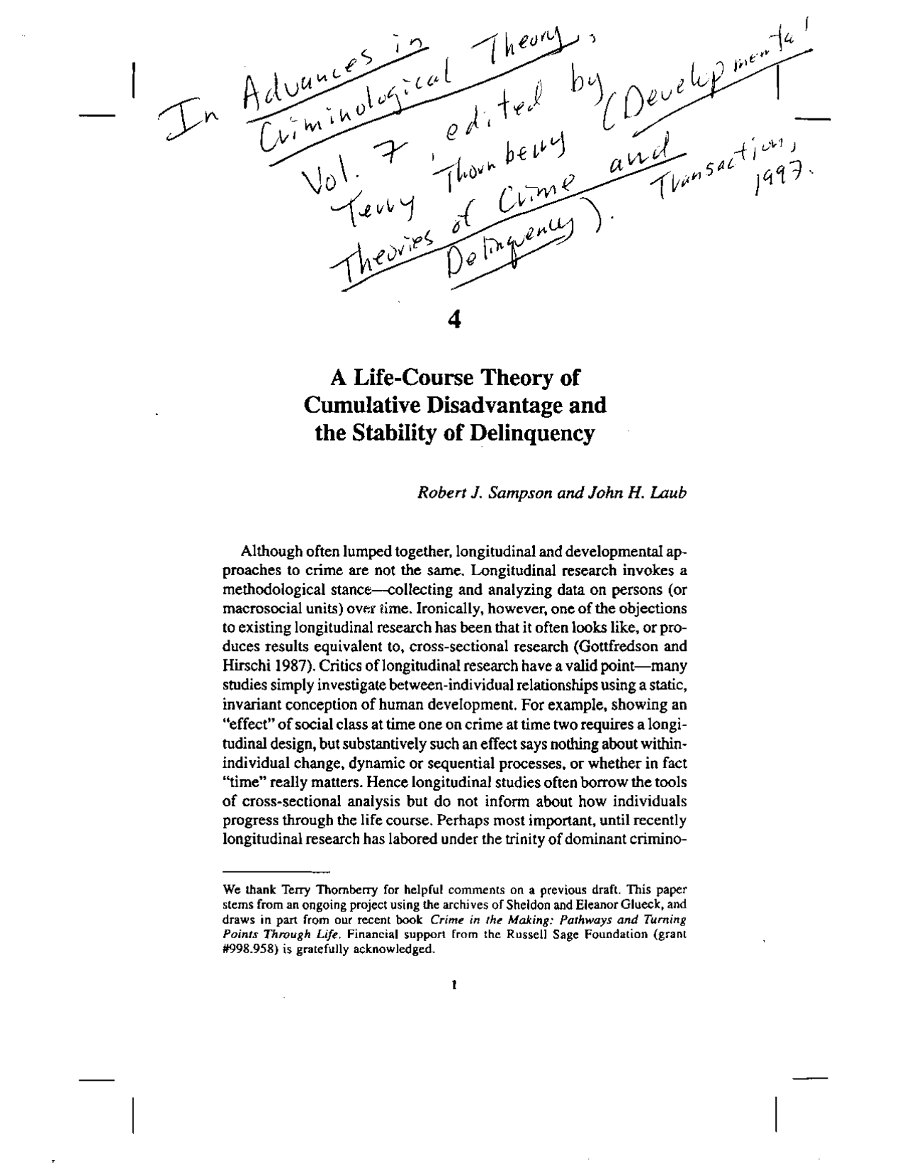 Life Course Theory of Cumulative Disadvantages and Stability of ...