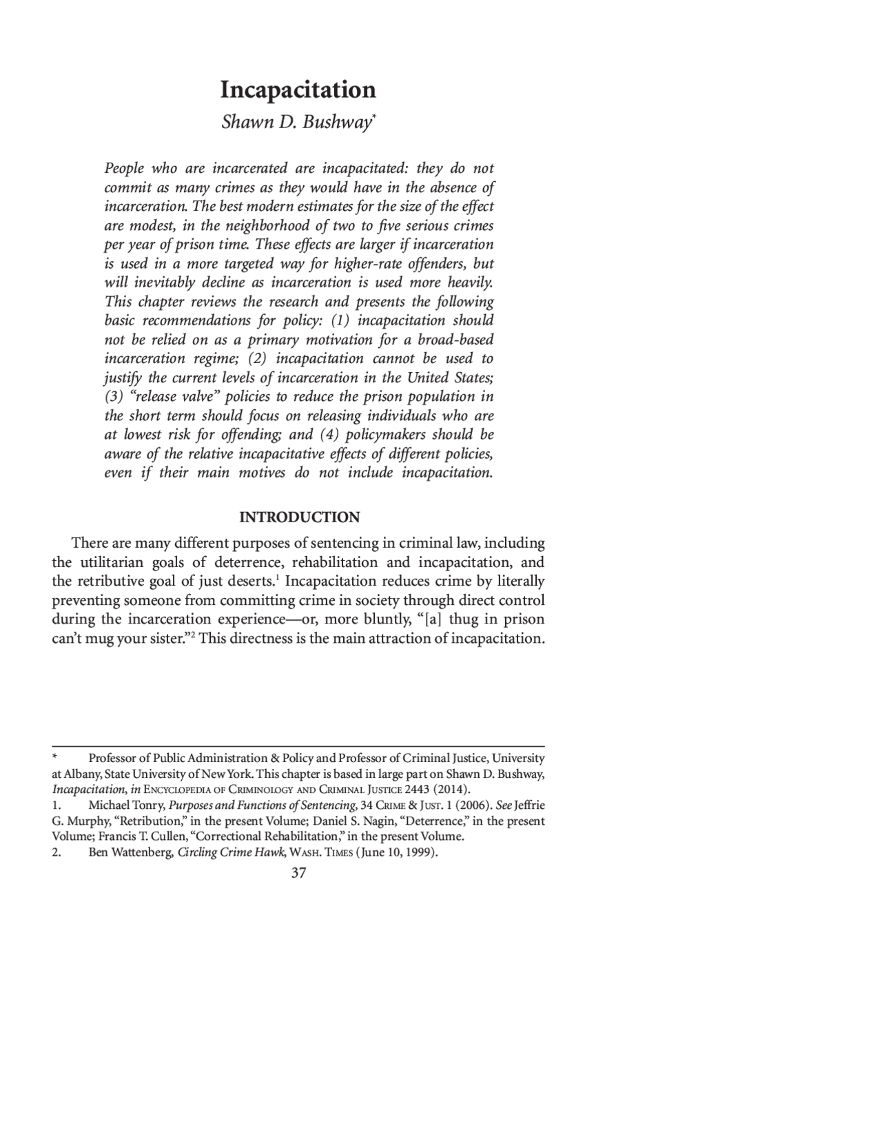 Incapacitation Shawn D. Bushway | Study notes Criminal Justice | Docsity