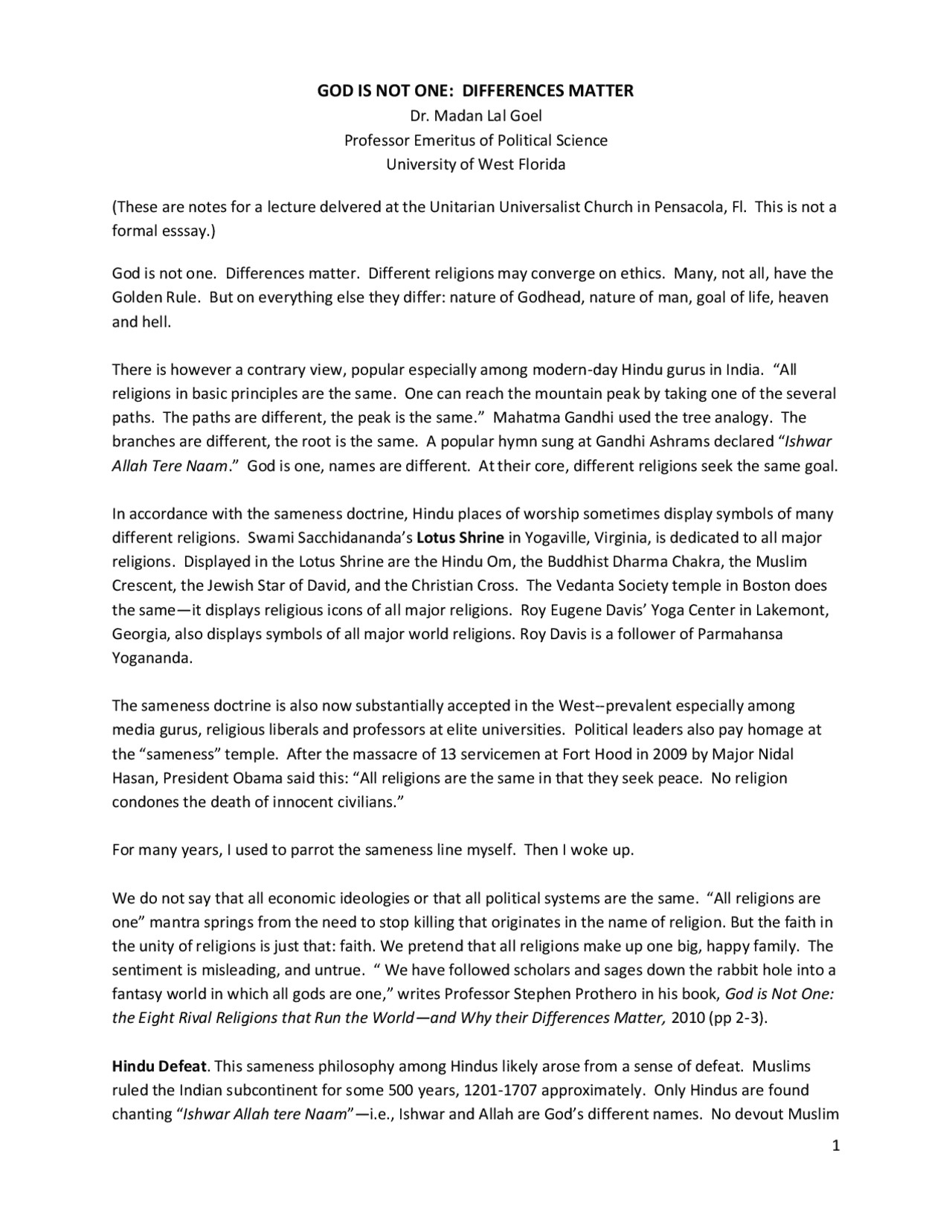 God is not one chapter summary | Summaries Religious Studies | Docsity