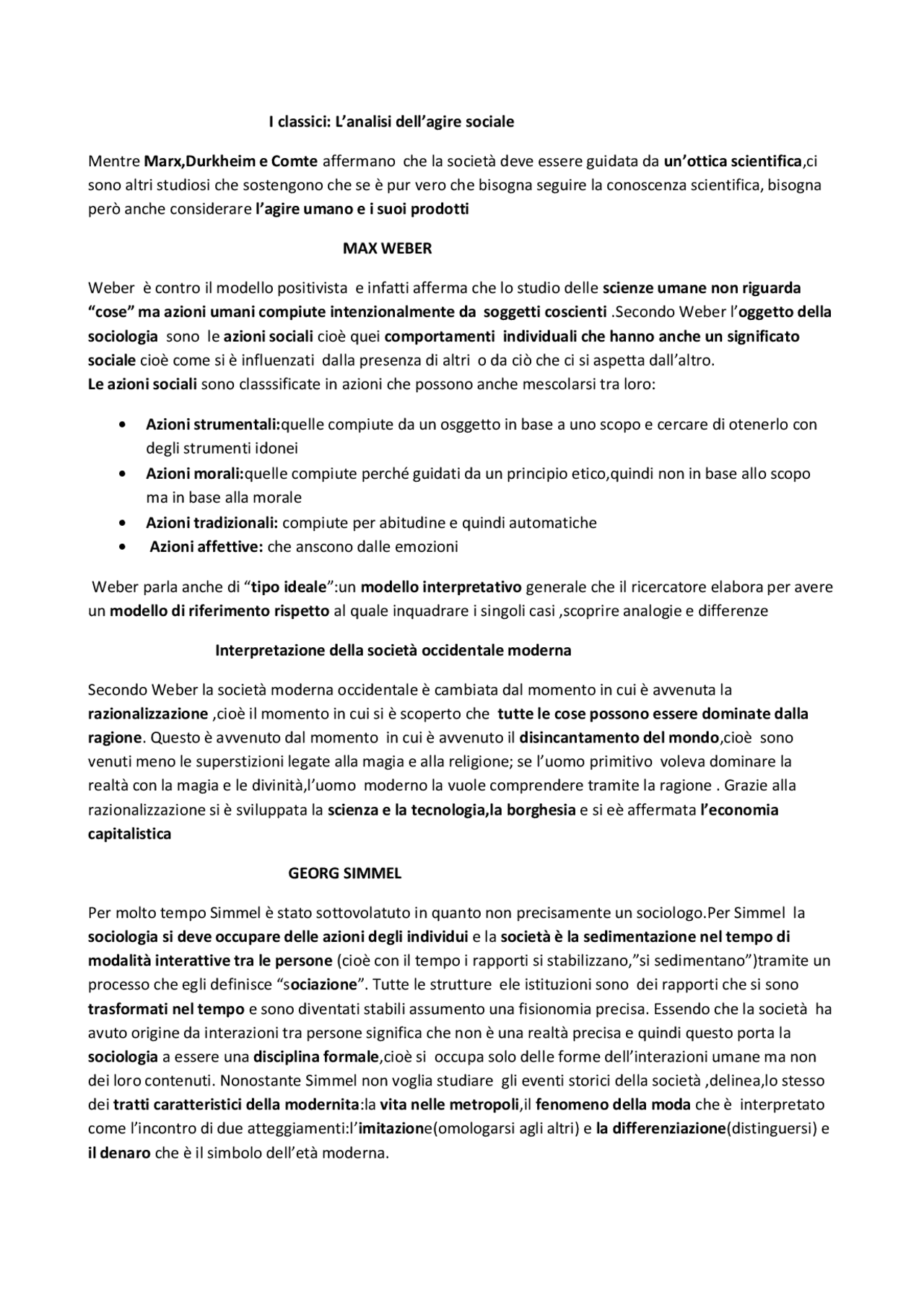 Weber E Simmel E Le Azioni Umane Docsity
