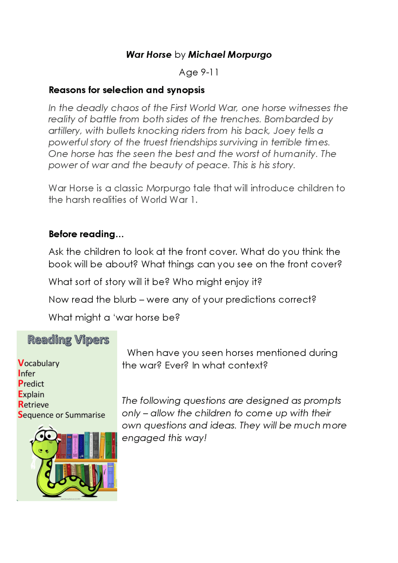War Horse by Michael Morpurgo | Exercises Literature | Docsity
