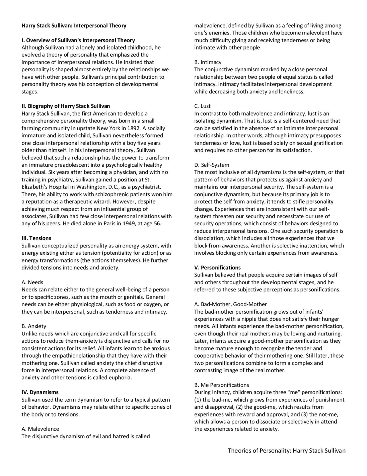 Harry Stack Sullivan's: Interpersonal Theory - Docsity
