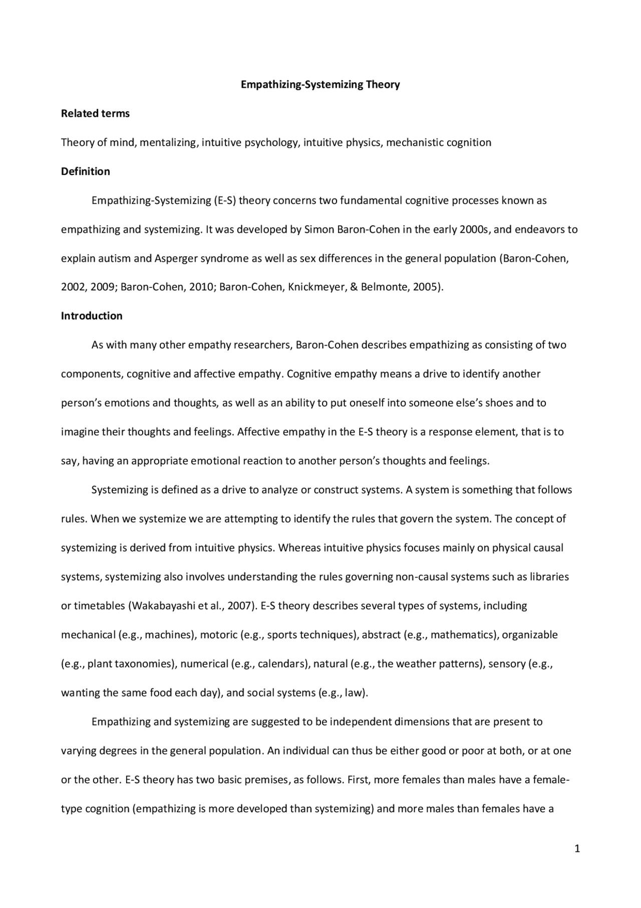 Empathizing Systemizing Theory E S Docsity