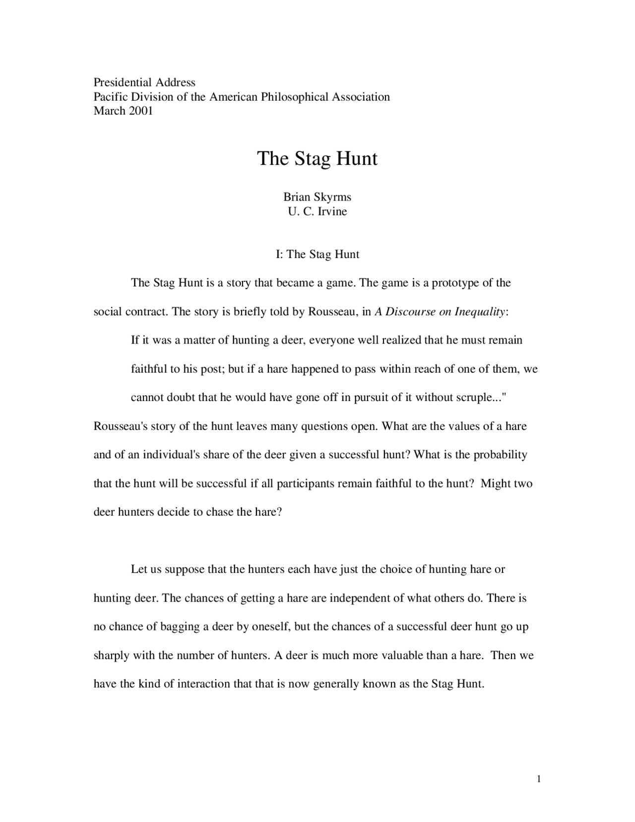 The Stage Hunt Theory - Brian Skyrms - Docsity