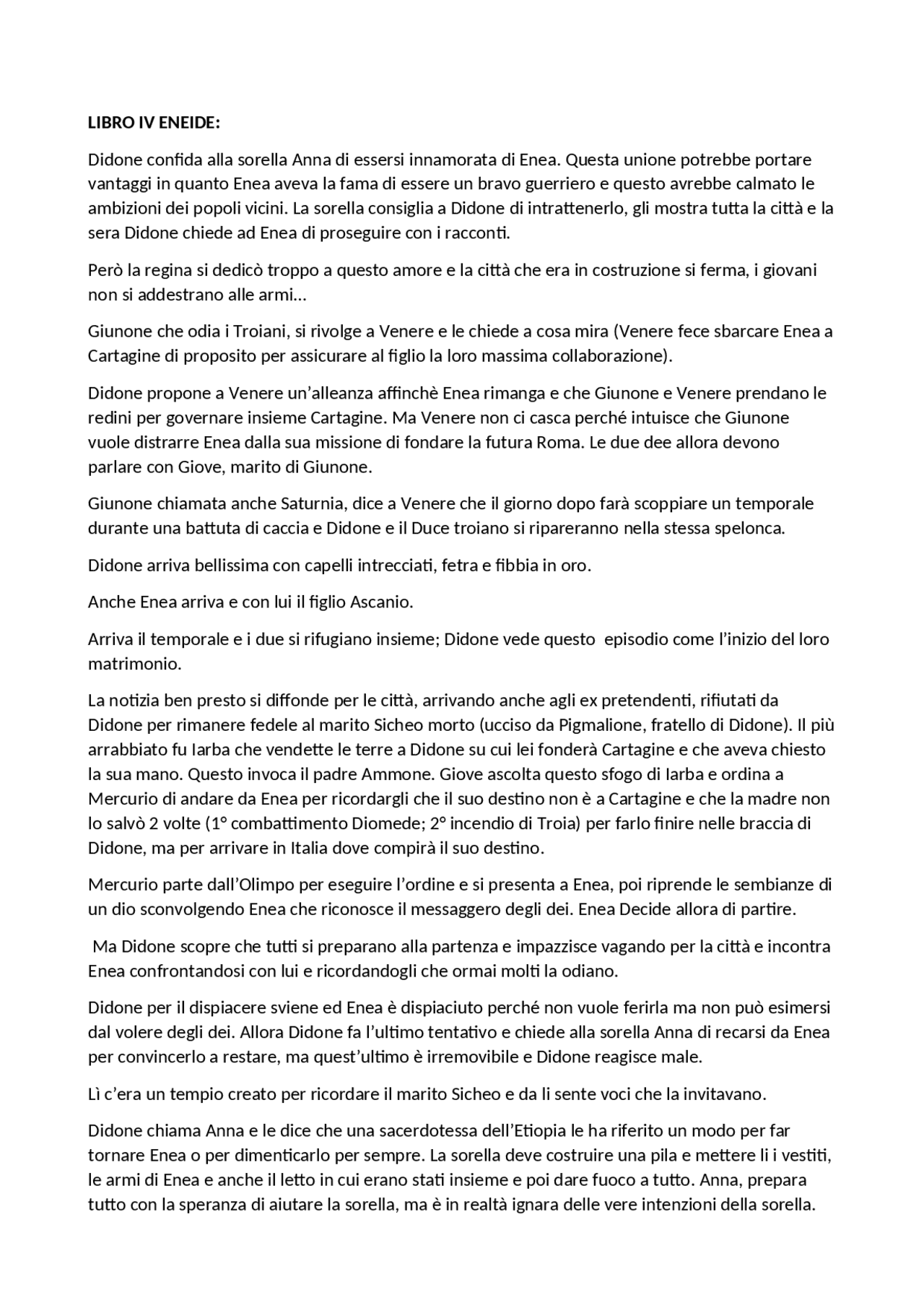Riassunto dettagliato del 4° libro dell'Eneide - Docsity