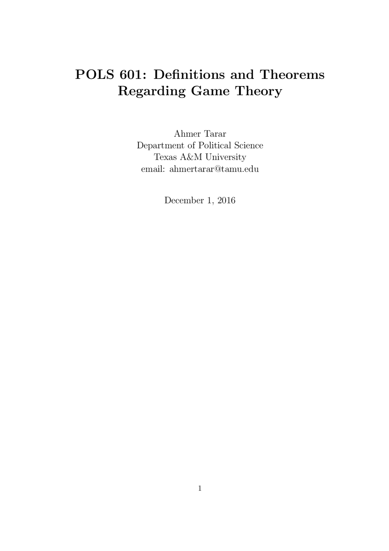 Definitions And Theorems Regarding Game Theory Docsity