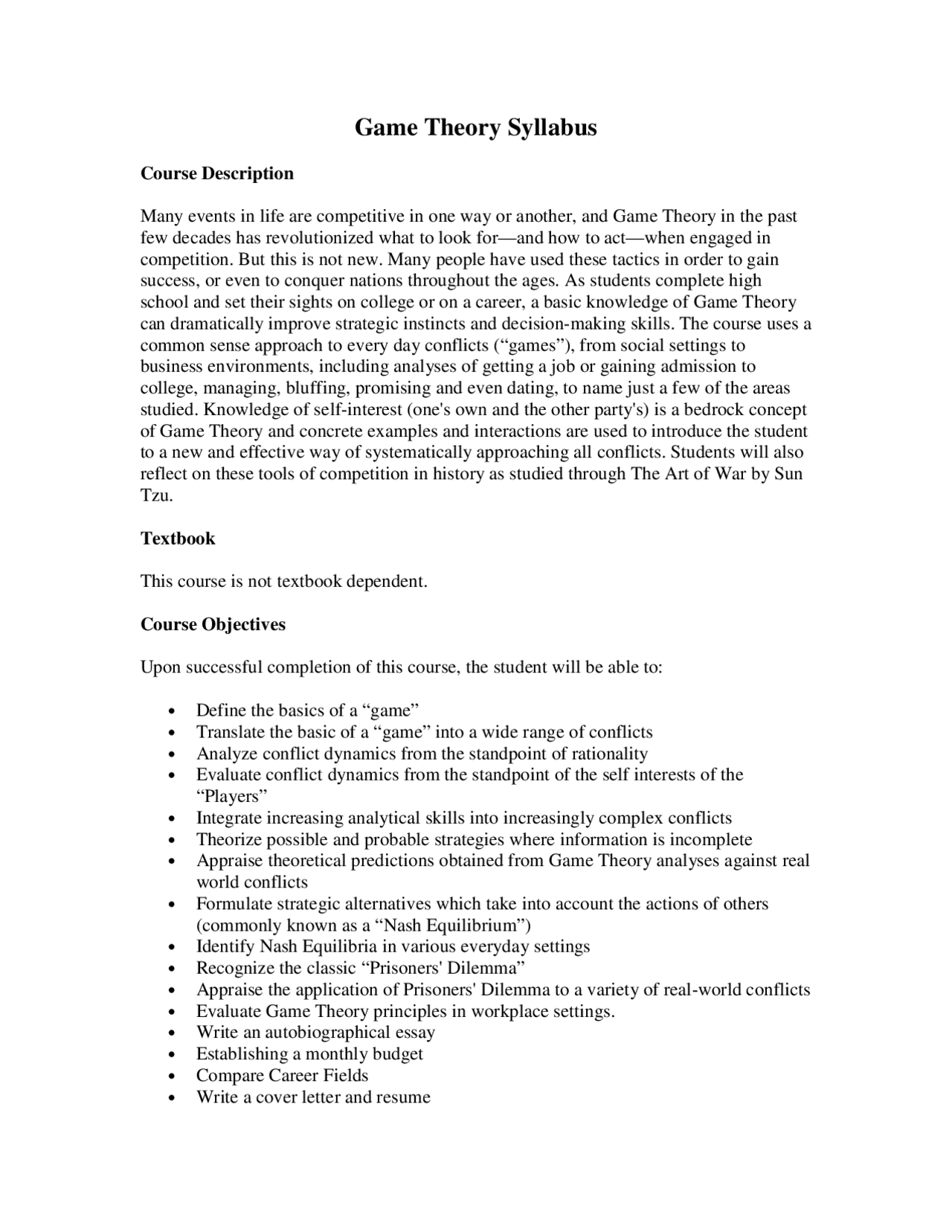 Game Theory Syllabus Docsity