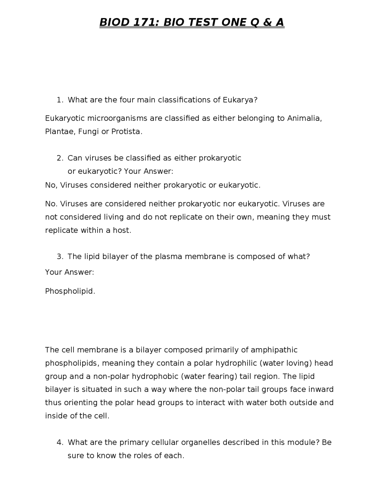 BIOD 171: BIO TEST ONE Q & ANSWERS - Docsity