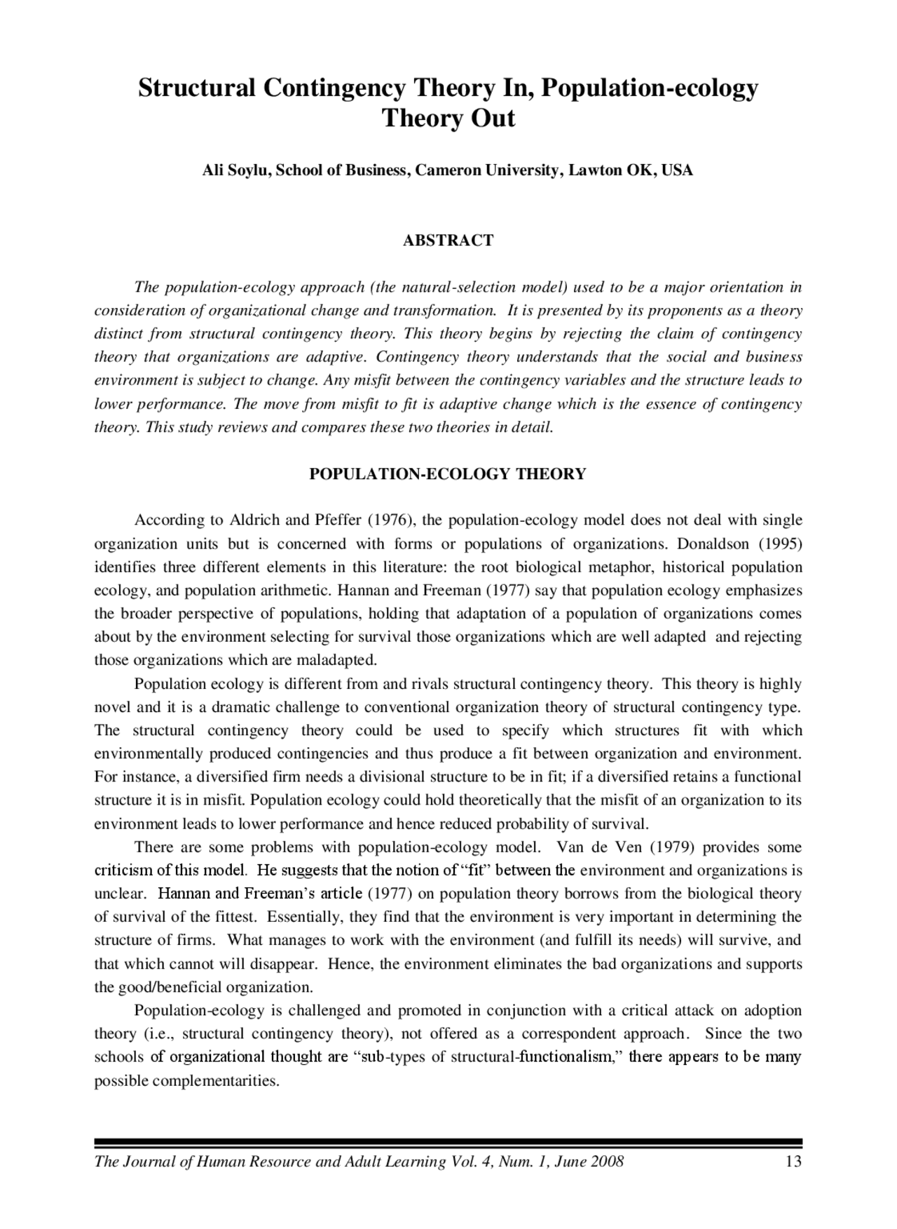 Structural contingency, population-ecology theory - Docsity