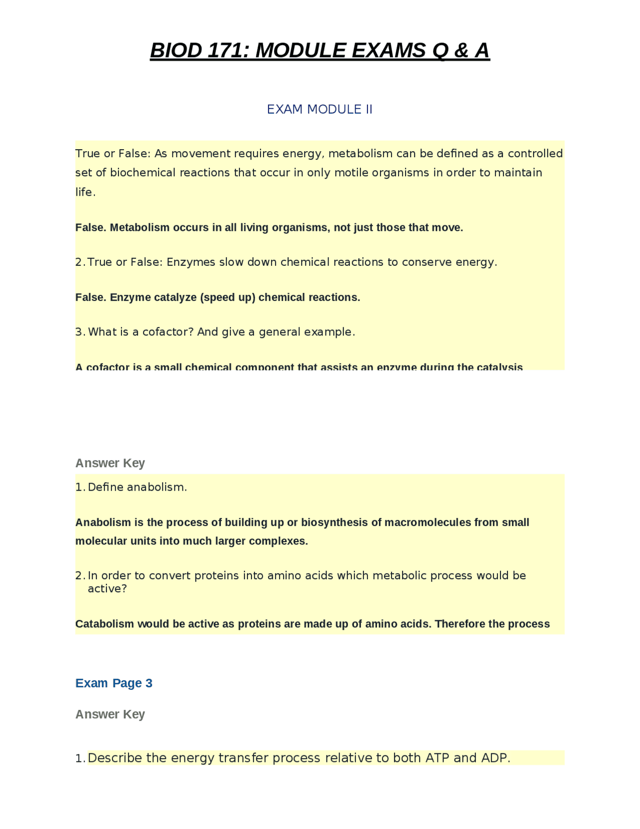 BIOD 171: MODULE EXAMS Q & ANSWERS | Exams Nursing | Docsity