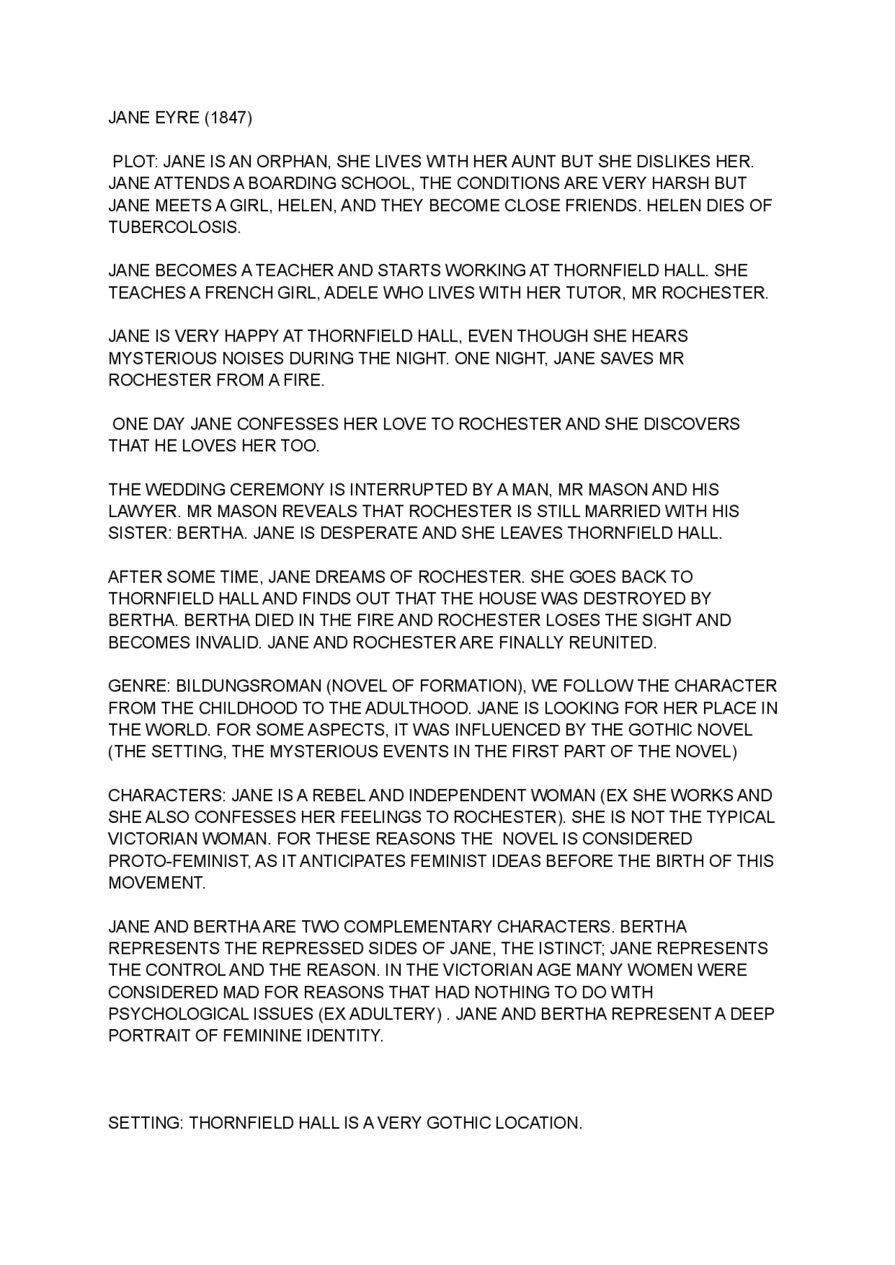 Jane Eyre (Charlotte Bronte) schema riassuntivo (short summary) - Docsity