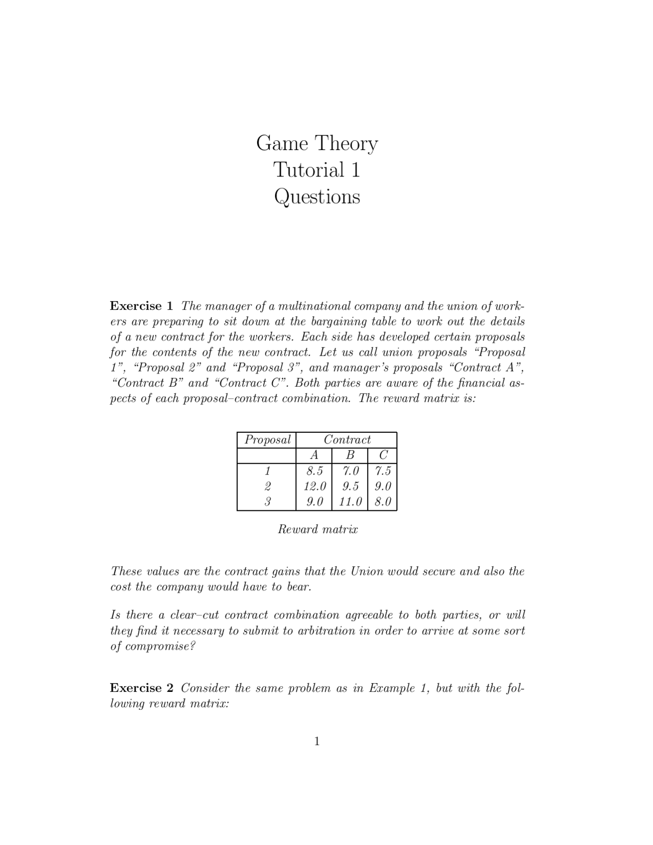 Game Theory Tutorial Question | Exercises Game Theory | Docsity