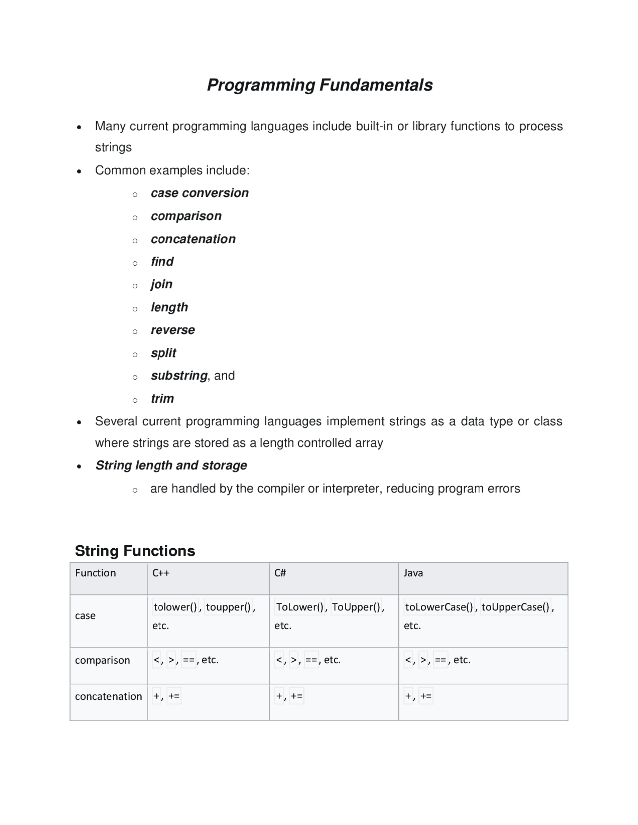 Programming Fundamentals Strings Docsity